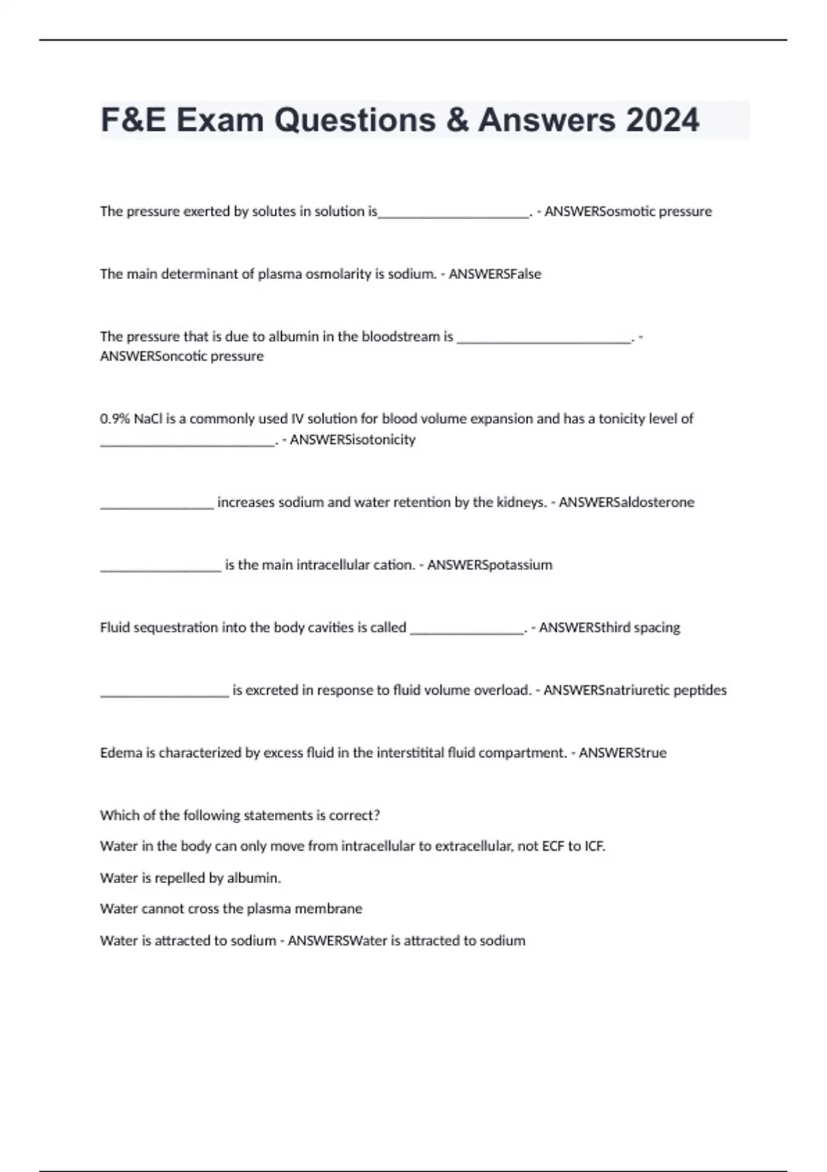 F&E Exam Questions & Answers 2024 - F&E - Stuvia US