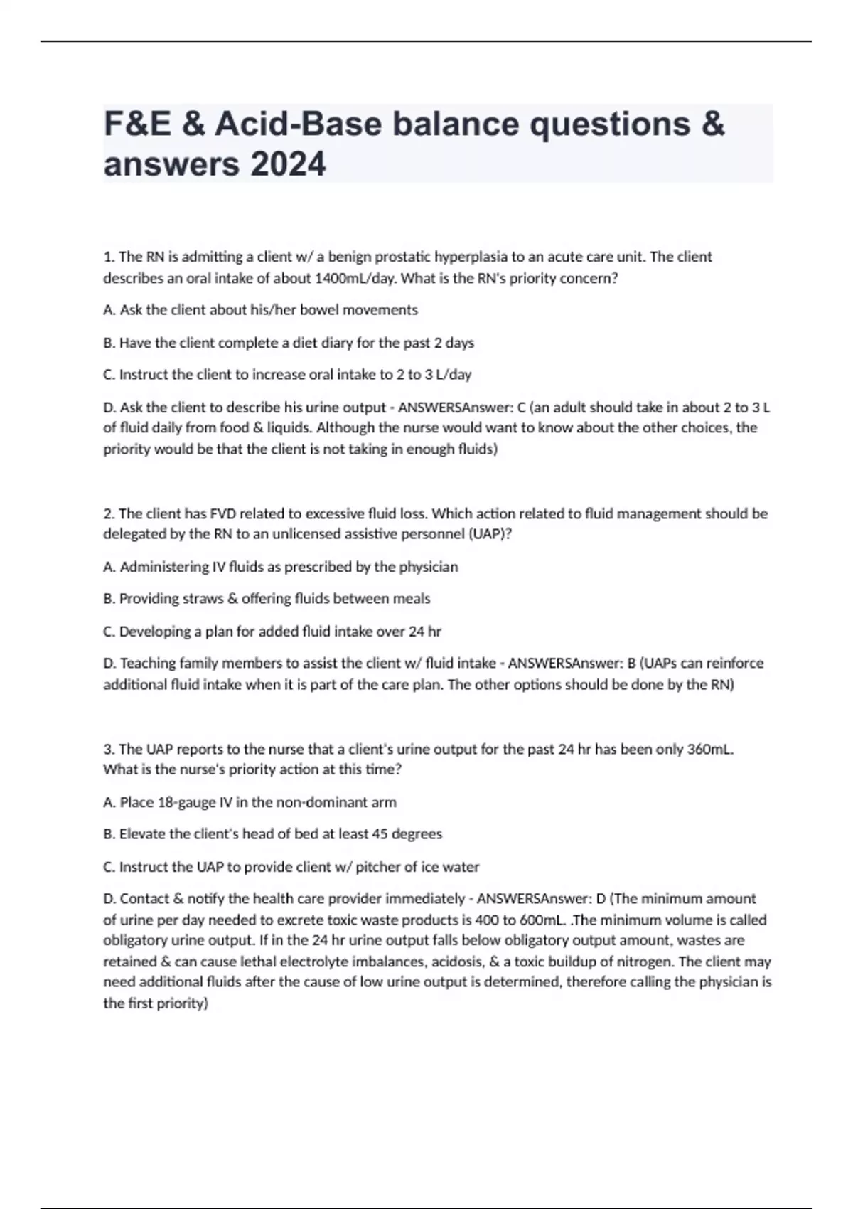 F&E & Acid-Base balance questions & answers 2024 - F&E & Acid-Base ...