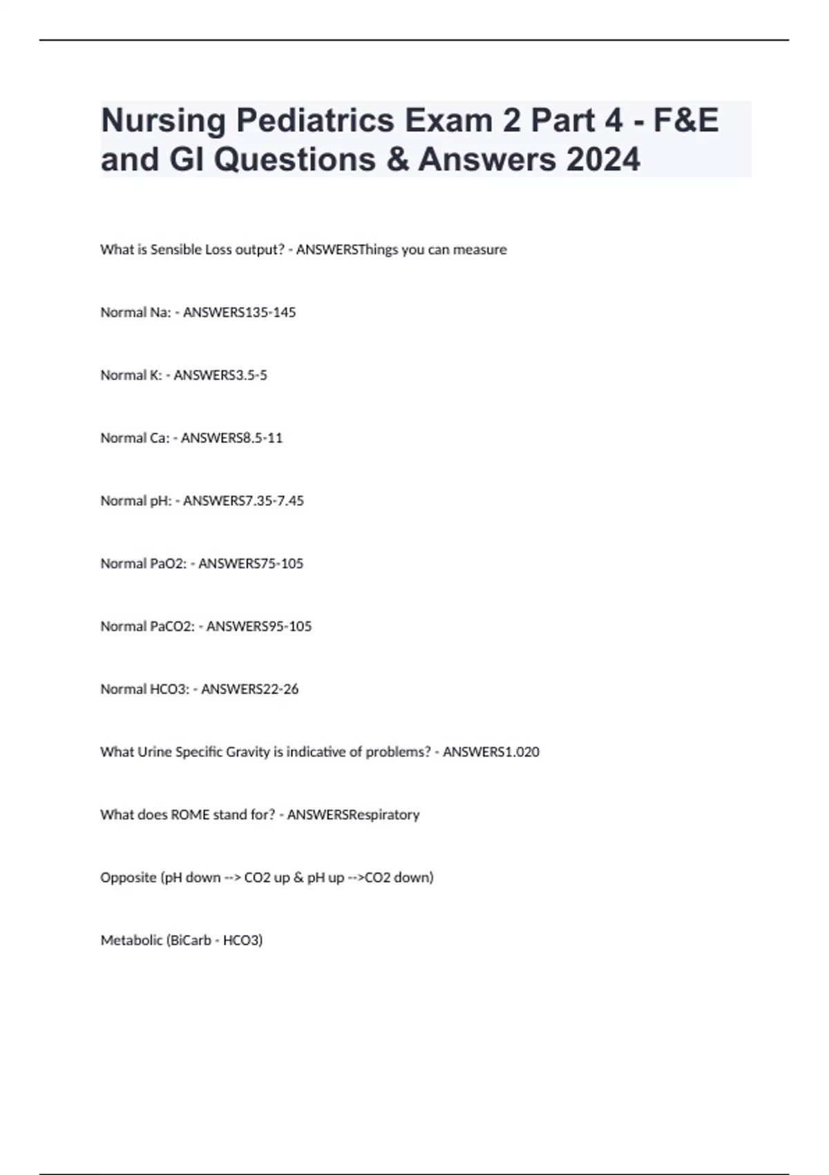 Nursing Pediatrics Exam 2 Part 4 - F&E and GI Questions & Answers 2024 ...