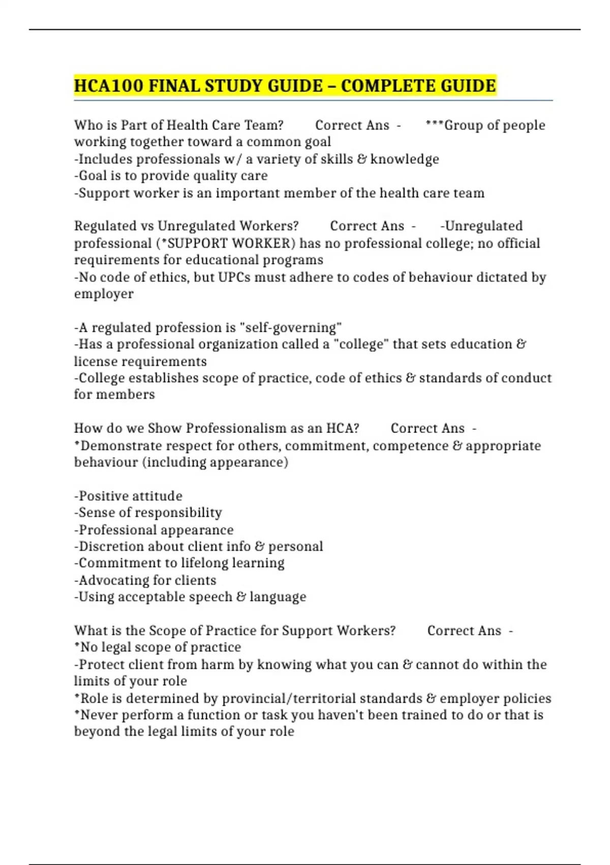 HCA100 FINAL STUDY GUIDE – COMPLETE GUIDE - HCA100 - Stuvia US