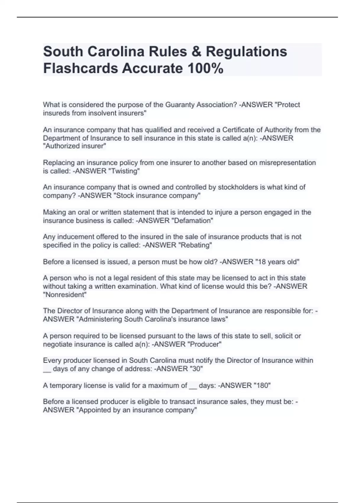 South Carolina Rules & Regulations Flashcards Accurate 100% - South ...