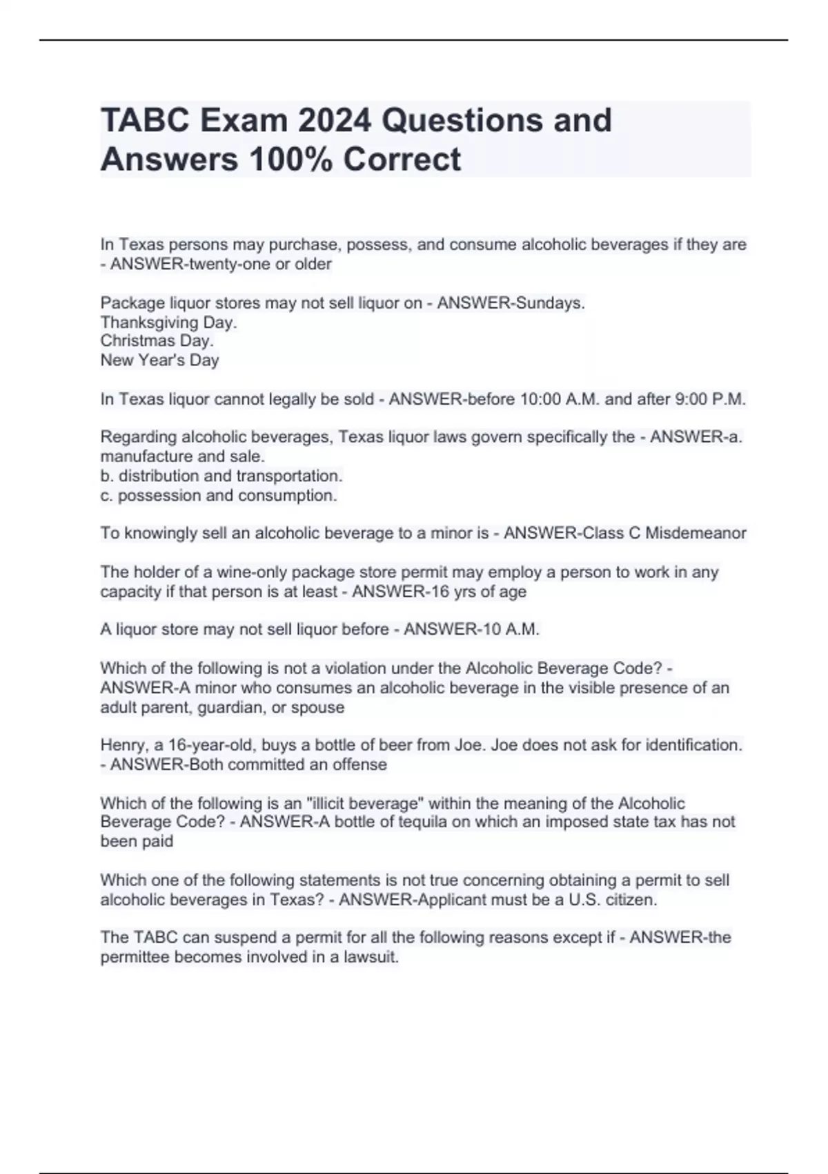 TABC Exam 2024 Questions and Answers 100% Correct - Tabc - Stuvia US