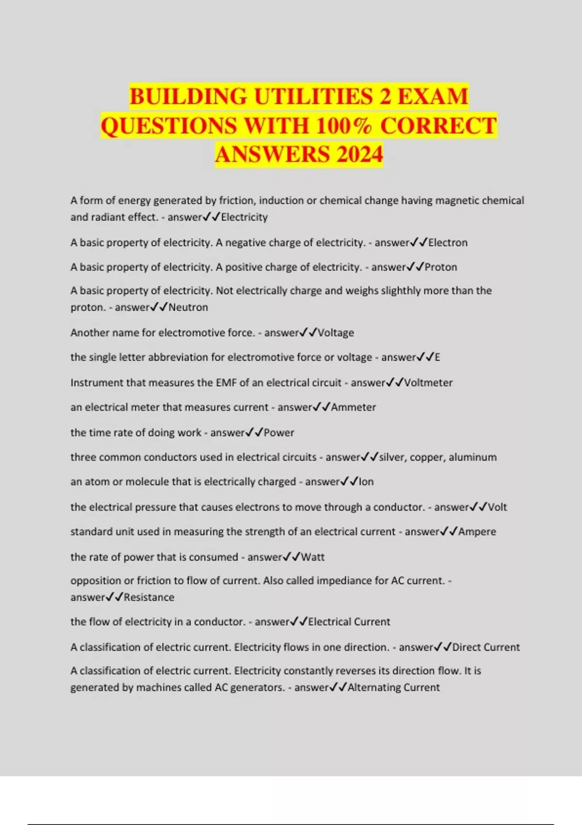 BUILDING UTILITIES 2 EXAM QUESTIONS WITH 100% CORRECT ANSWERS 2024 ...