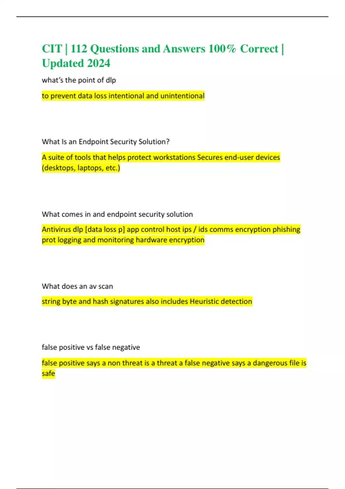 CIT | 112 Questions and Answers 100% Correct | Updated 2024 - CIT ...
