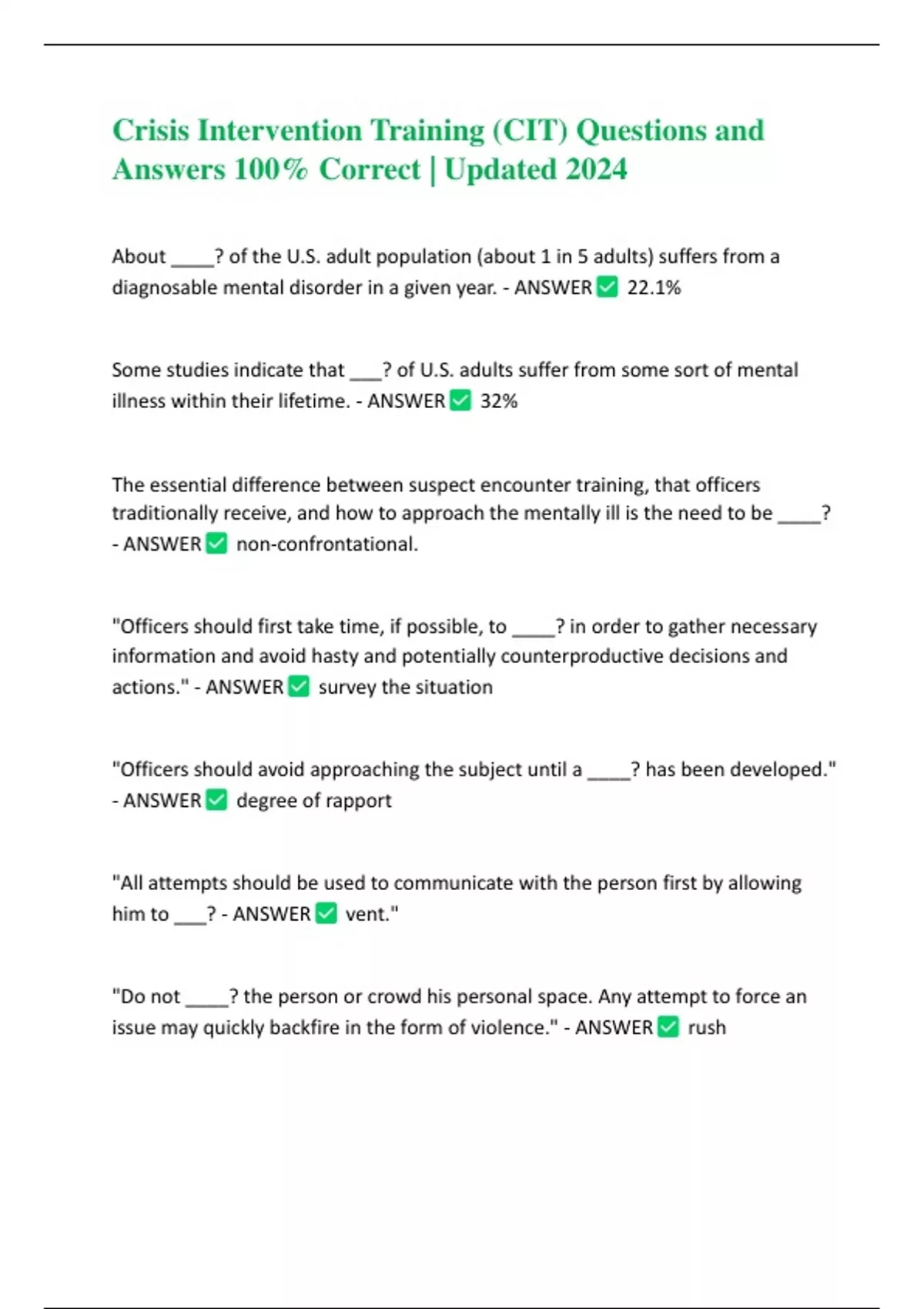 Crisis Intervention Training (CIT) Questions and Answers 100% Correct ...