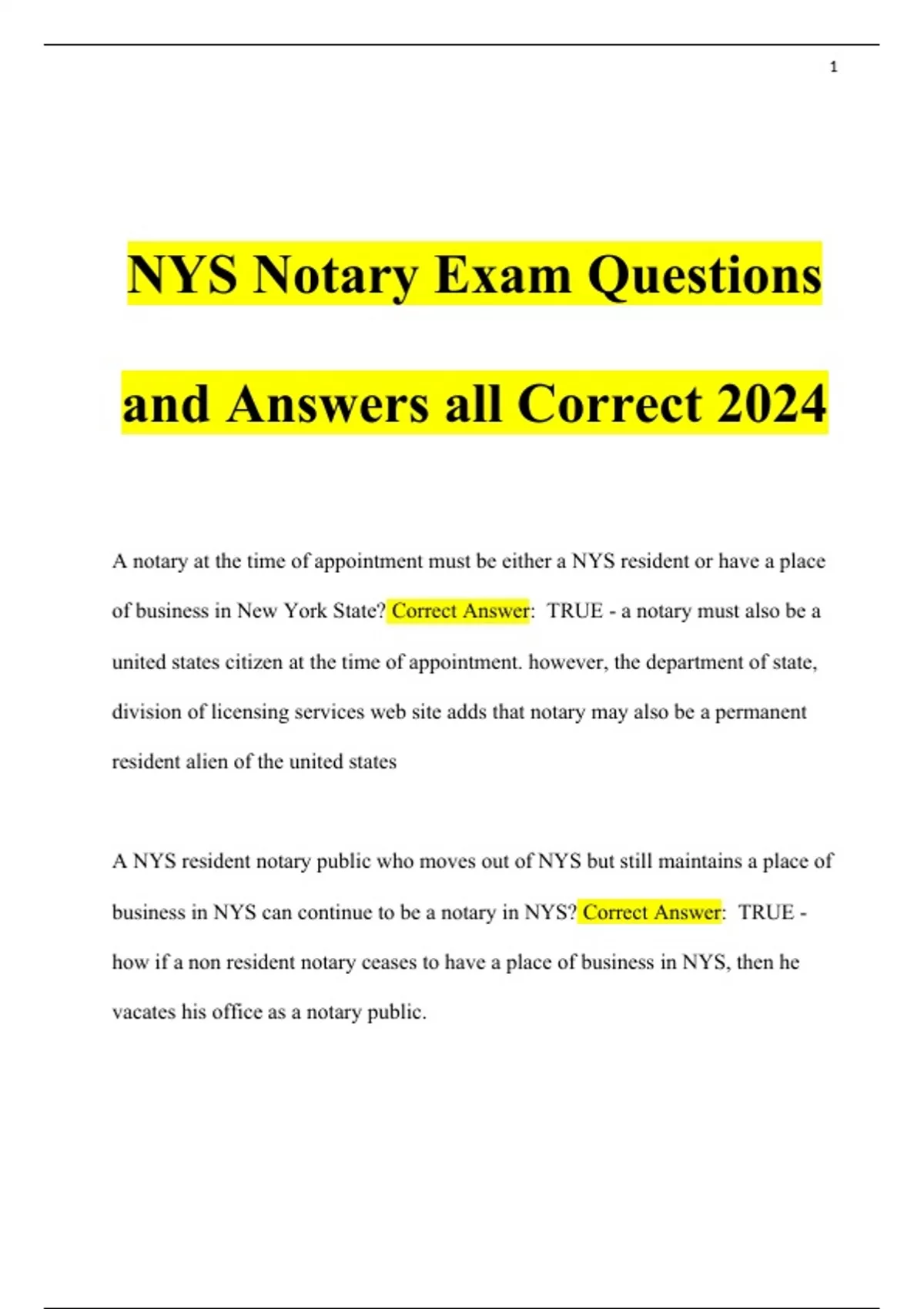 NYS Notary Exam Questions and Answers all Correct 2024/2025 GUARANTEED ...