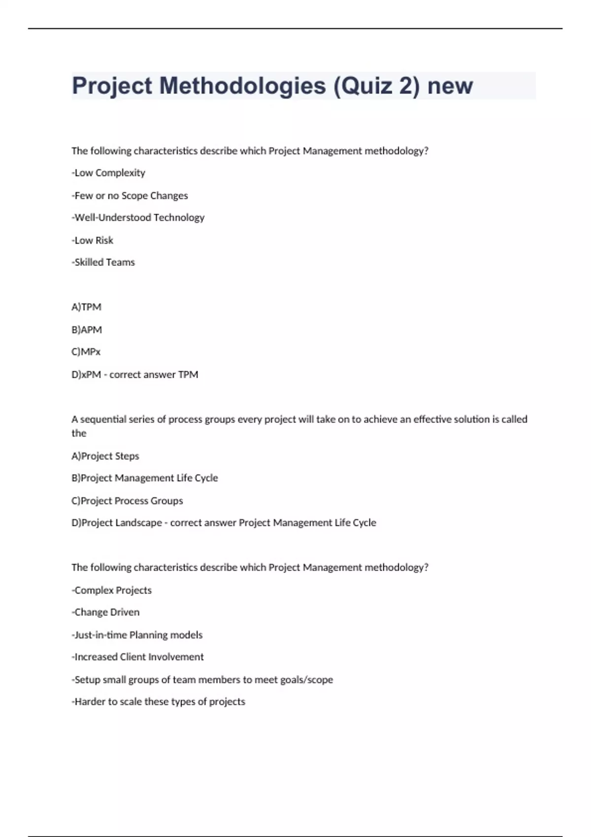 Project Methodologies (Quiz 2) new Question and answers correctly solved 2024 - APM - Stuvia US