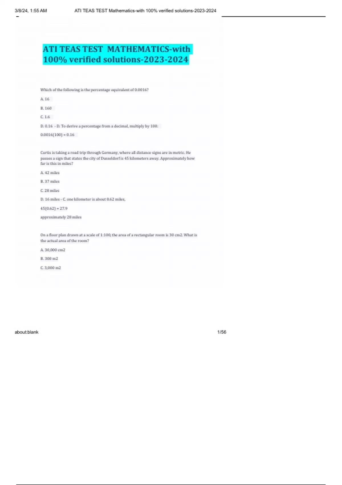 ATI TEAS TEST Mathematics-with 100% verified solutions- - ATI Teas ...