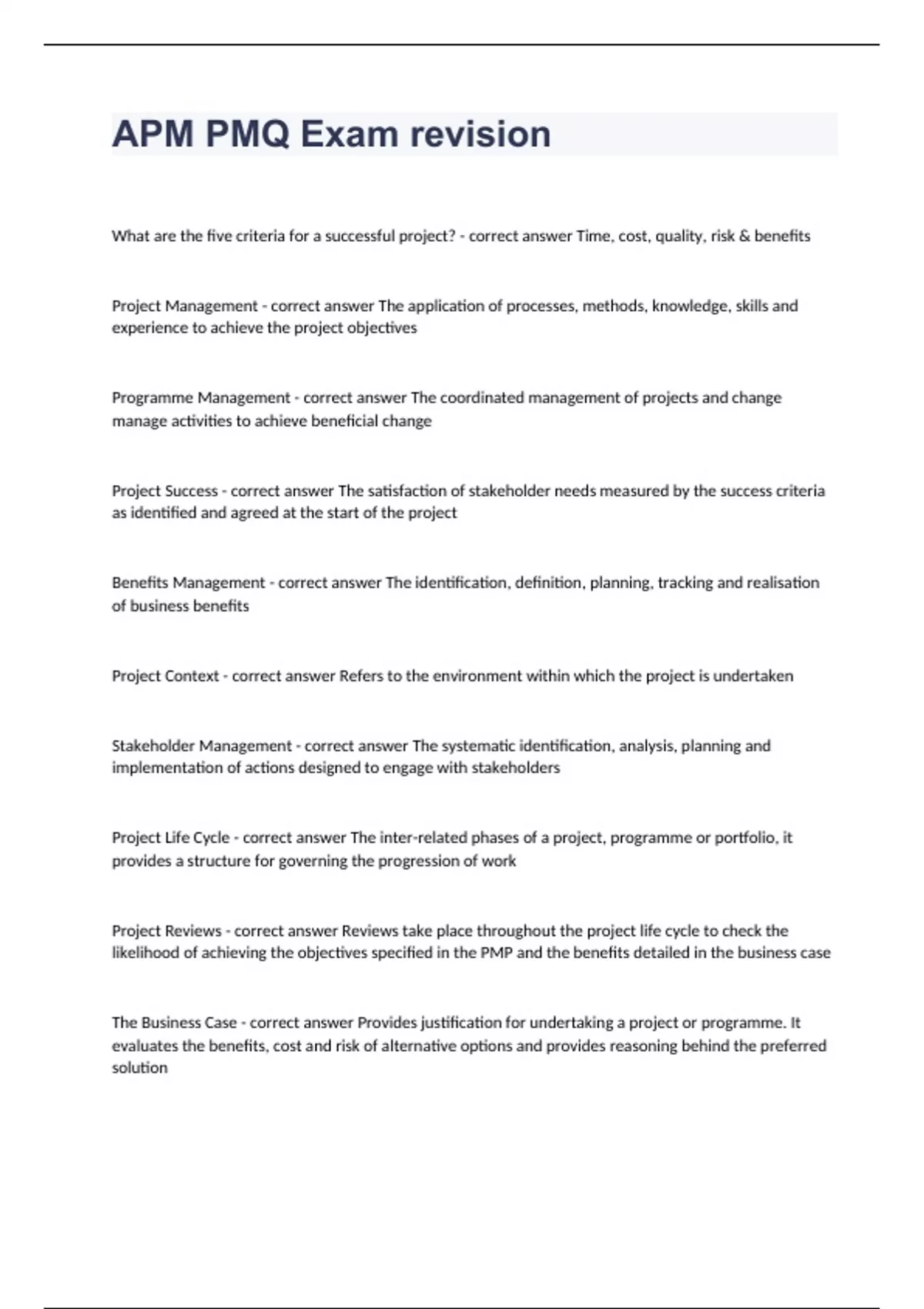 APM PMQ Exam revision Questions with complete 2024 - APM - Stuvia US