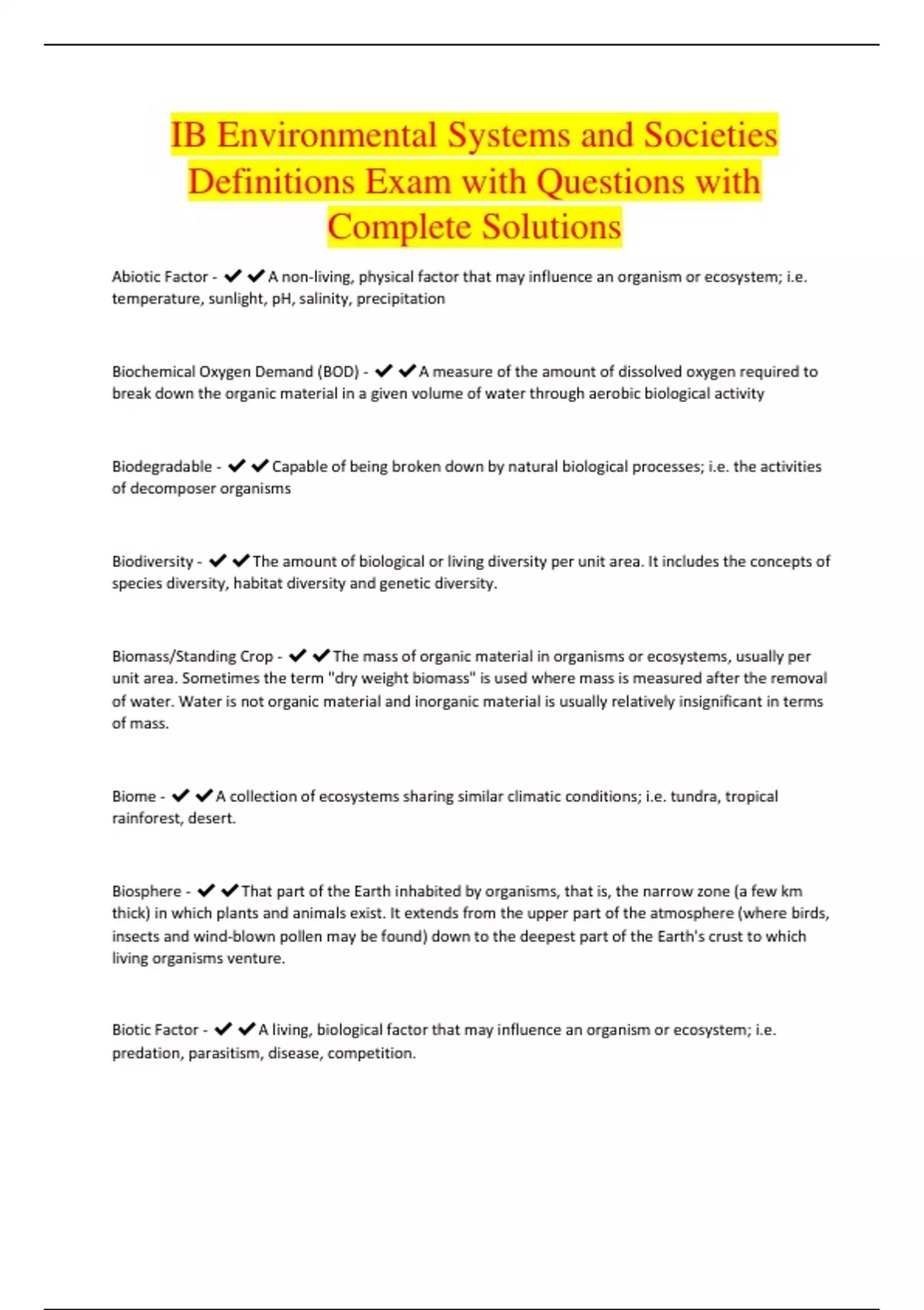IB Environmental Systems and Societies Definitions Exam with Questions ...