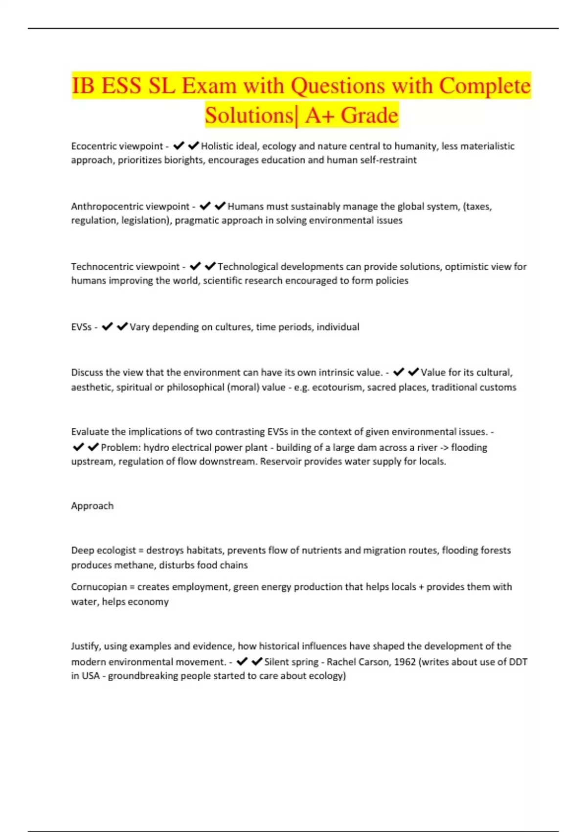 IB ESS SL Exam with Questions with Complete Solutions| A+ Grade - IB ESS - Stuvia US