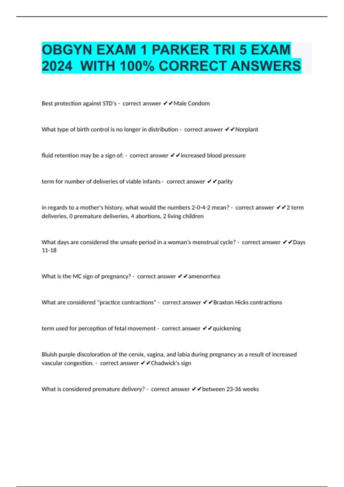 OBGYN EXAM 1 PARKER TRI 5 EXAM 2024 WITH 100% CORRECT ANSWERS - OBGYN ...
