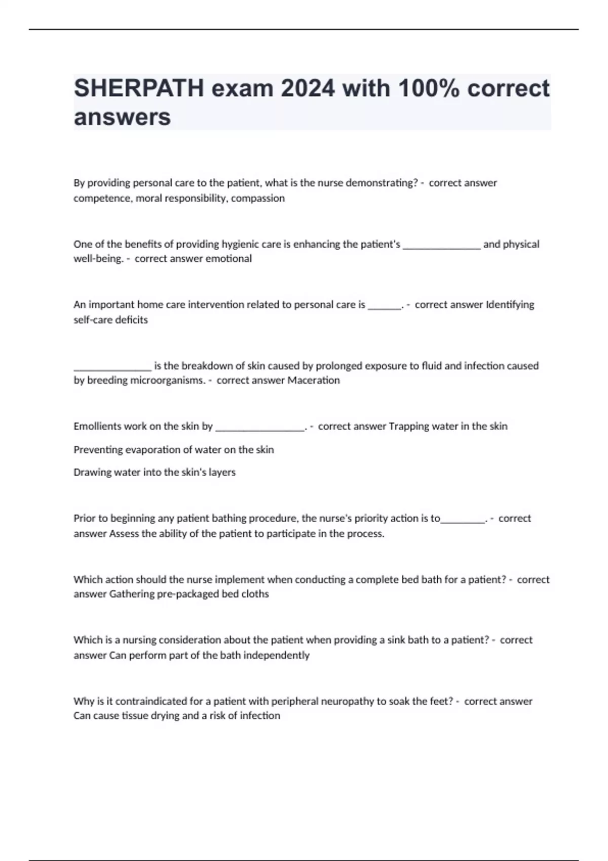 SHERPATH exam 2024 with 100% correct answers - SHERPATH - Stuvia US