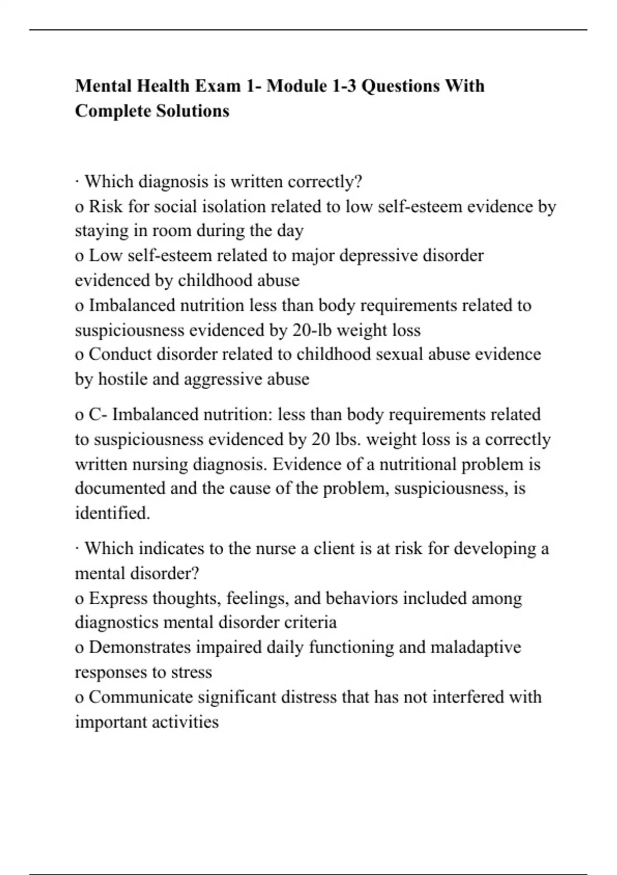 Mental Health Exam 1- Module 1-3 Questions With Complete Solutions ...