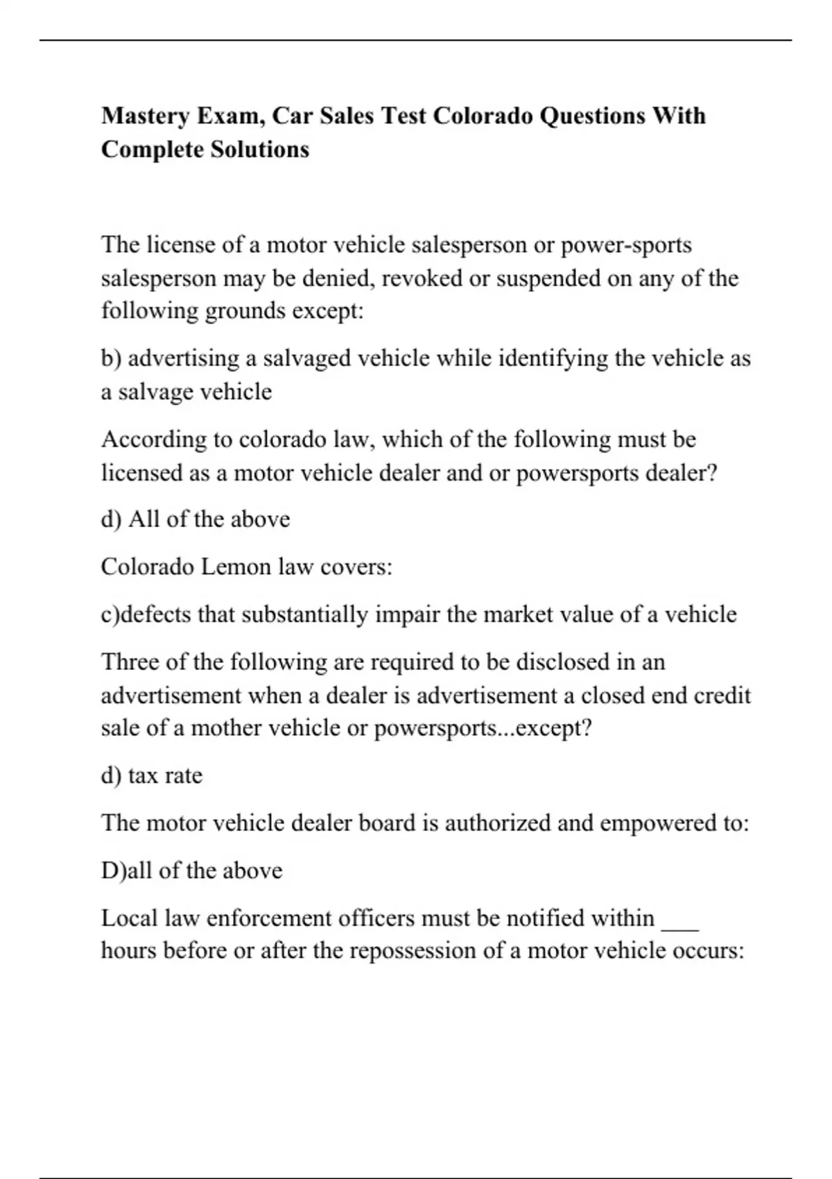 Mastery Exam, Car Sales Test Colorado Questions With Complete Solutions ...