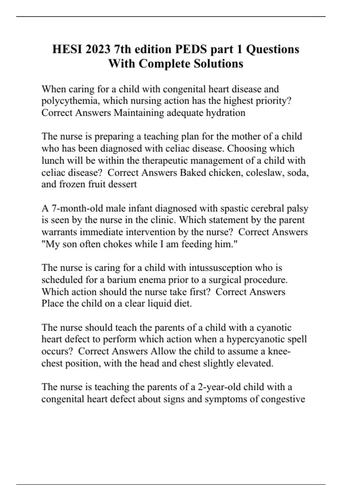 HESI 2023 7th edition PEDS part 1 Questions With Complete Solutions ...