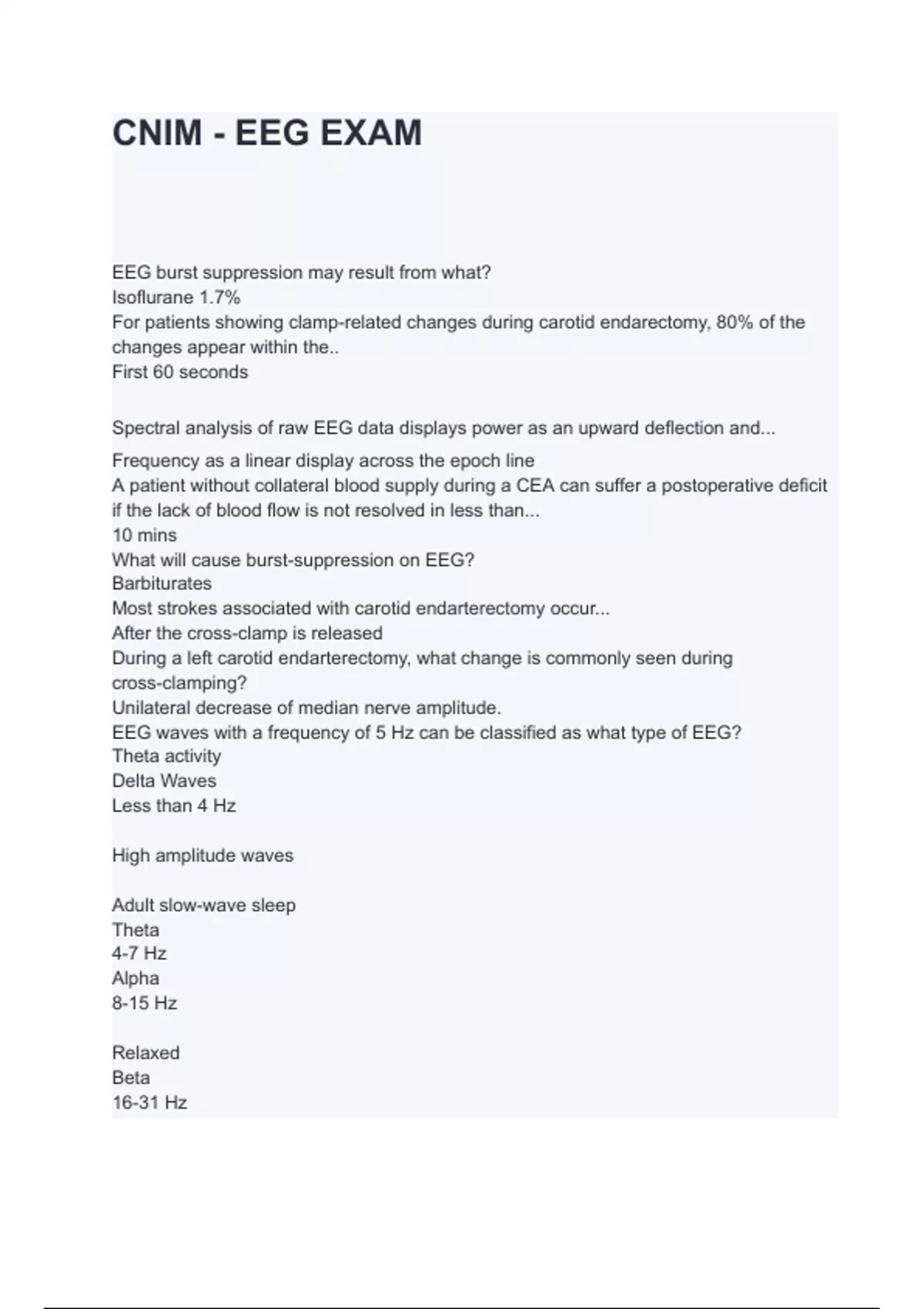 CNIM - EEG EXAM QUESTIONS WITH COMPLETE SOLUTION - CNIM - EEG EXA ...