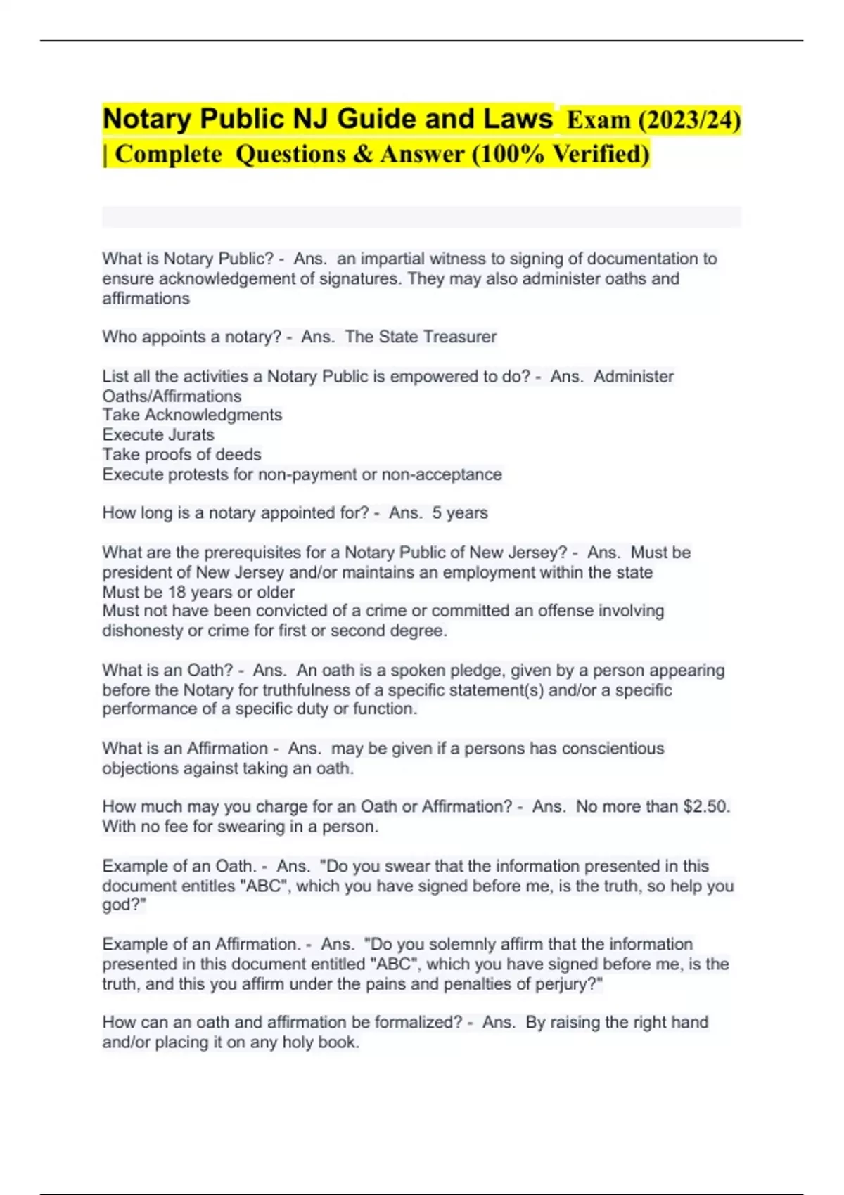 Notary Public NJ Guide and Laws Exam (2023/24) | Complete Questions ...