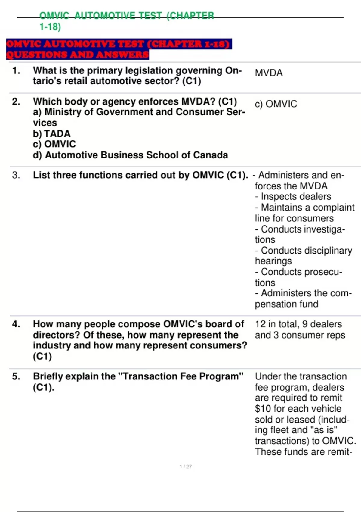 OMVIC AUTOMOTIVE TEST (CHAPTER 1-18) QUESTIONS AND ANSWERS - OMVIC ...