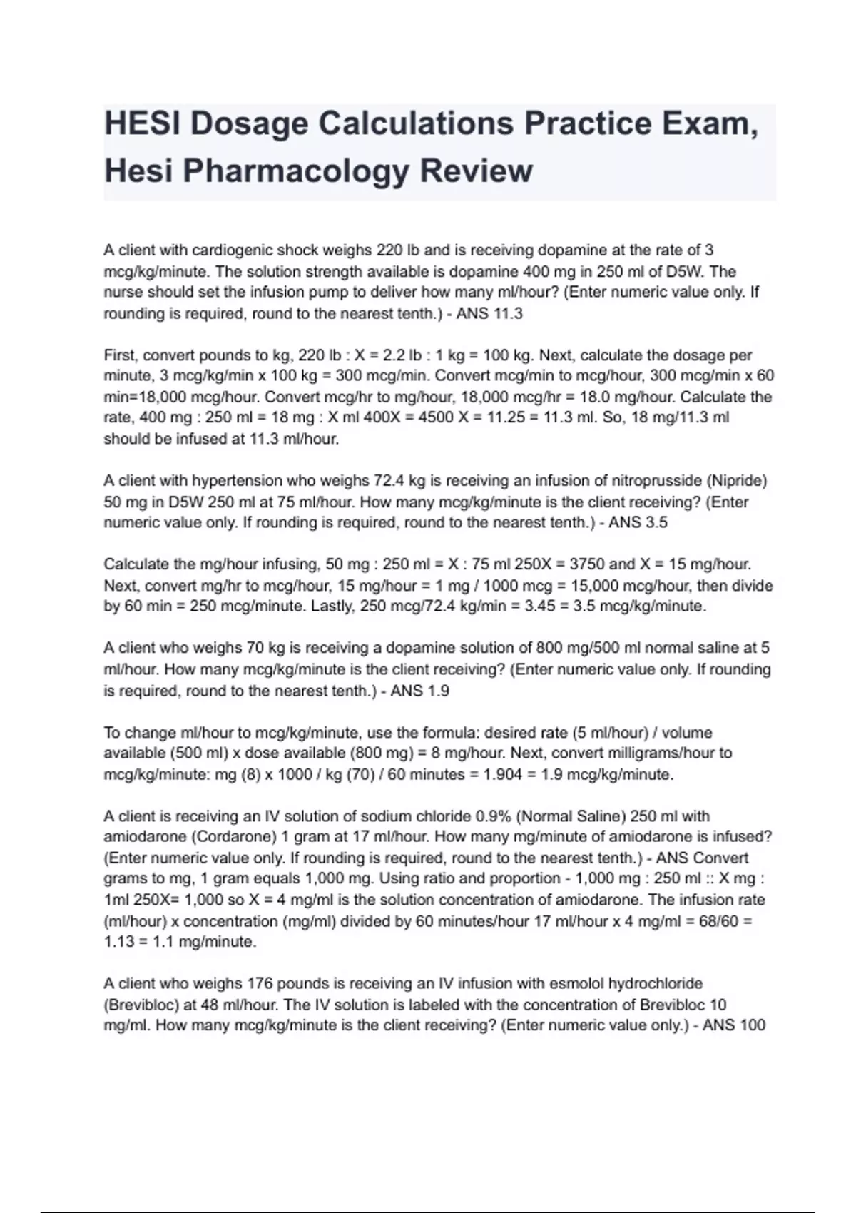 HESI Dosage Calculations Practice Exam, Hesi Pharmacology Review 2024/2025 Questions With ...