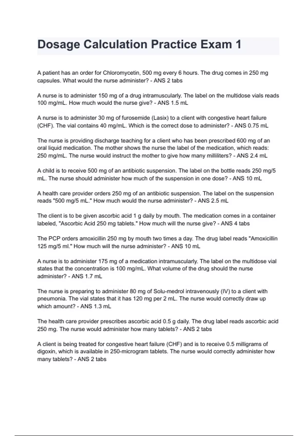 Dosage Calculation Practice Exam 1 2024/2025 Questions With Verified ...