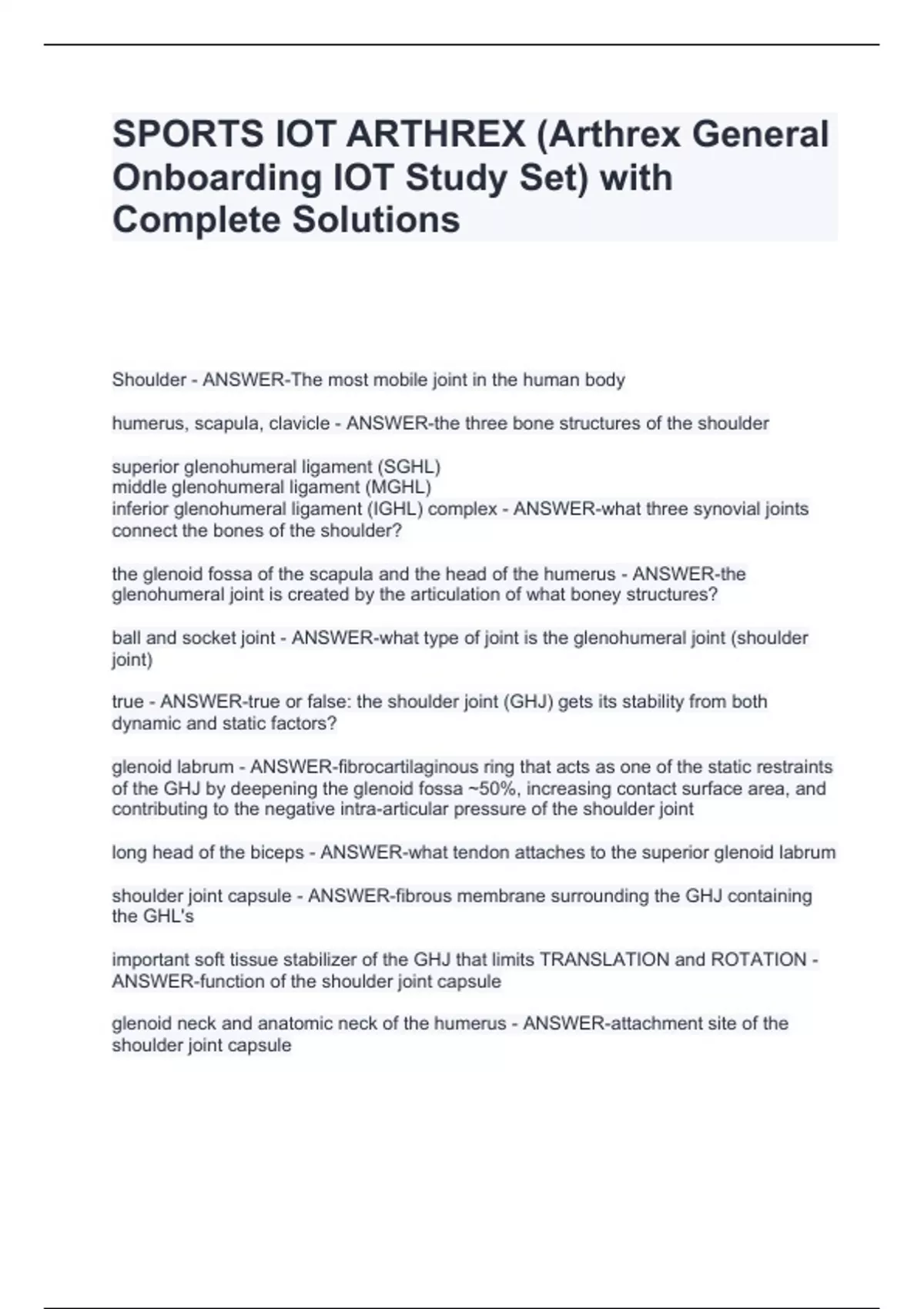 SPORTS IOT ARTHREX (Arthrex General Onboarding IOT Study Set) with Complete Solutions - SPORTS ...