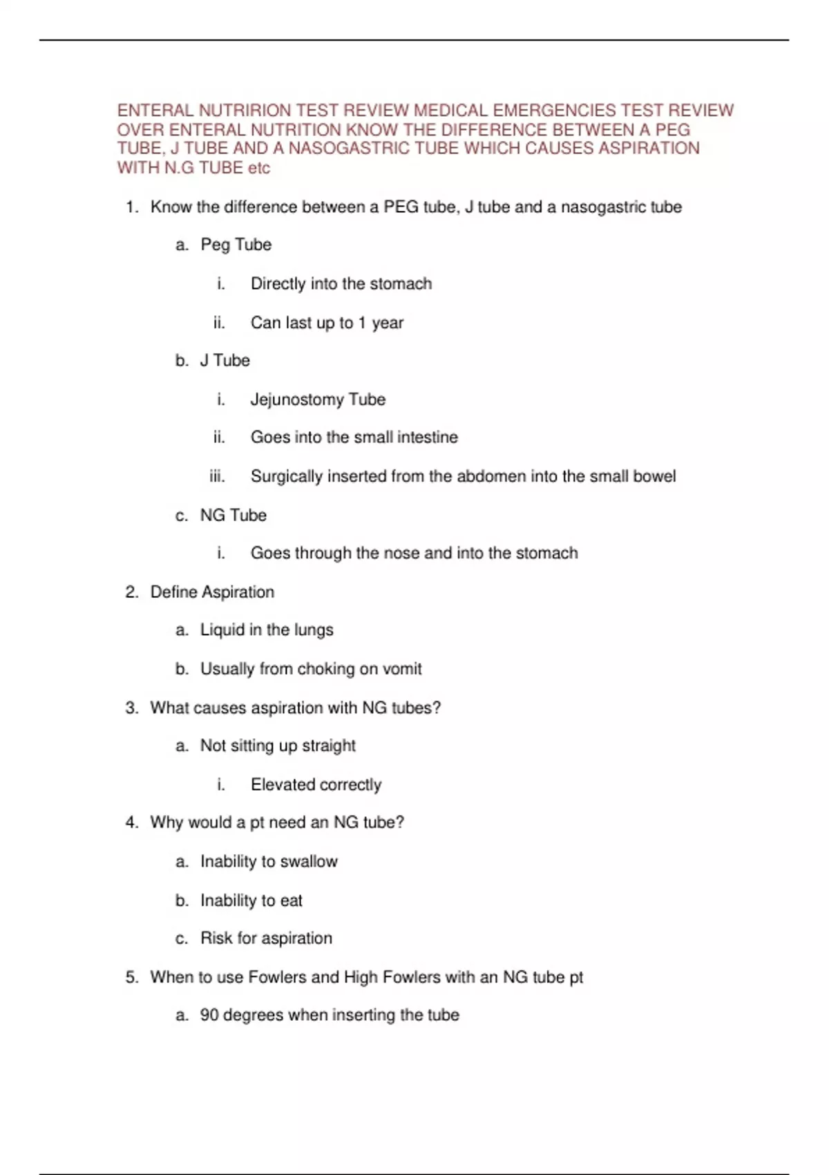 Summary ENTERAL NUTRIRION TEST REVIEW MEDICAL EMERGENCIES TEST REVIEW ...
