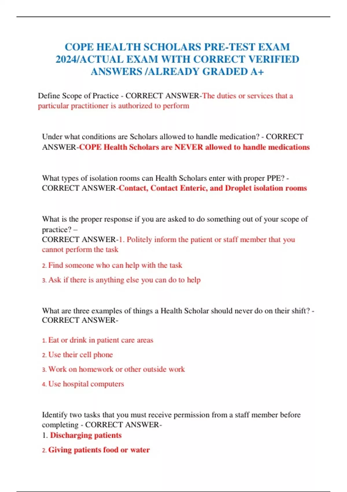 COPE HEALTH SCHOLARS PRE-TEST EXAM 2024/ACTUAL EXAM WITH CORRECT ...