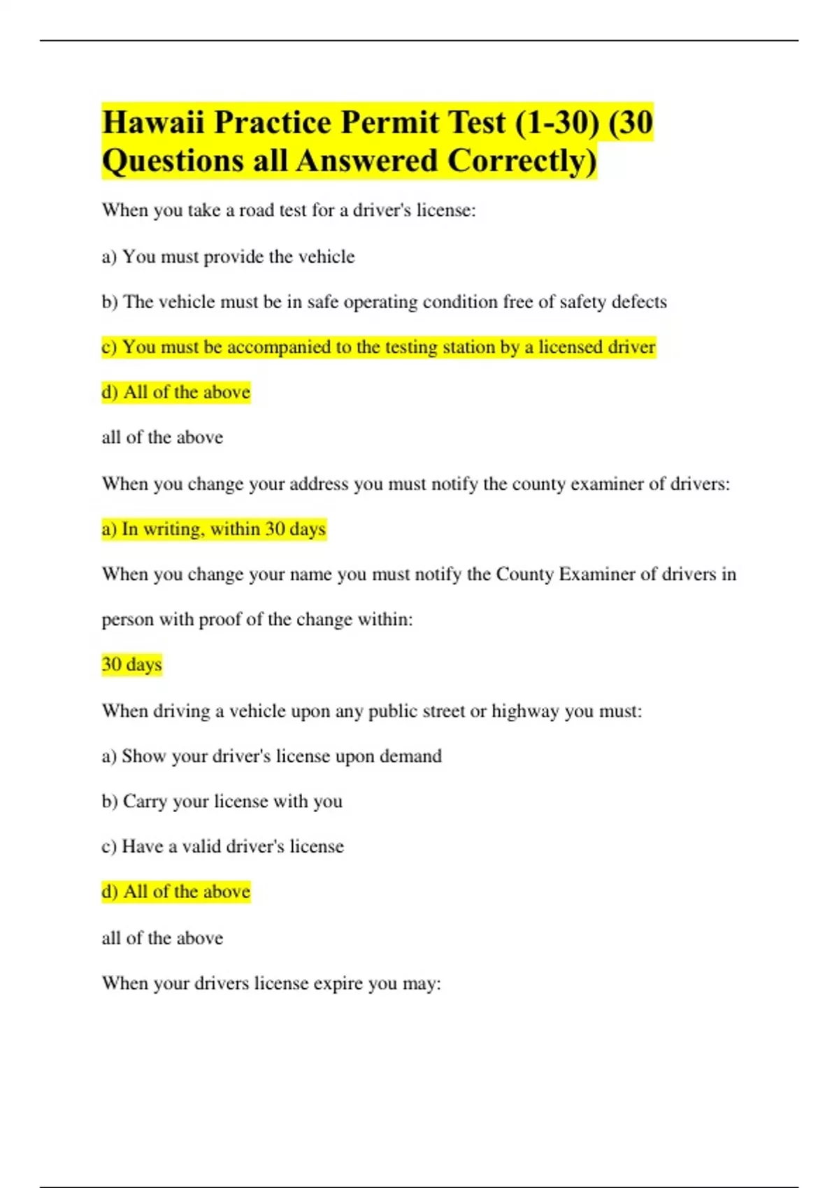 Hawaii Practice Permit Test (1-30) (30 Questions all Answered Correctly ...