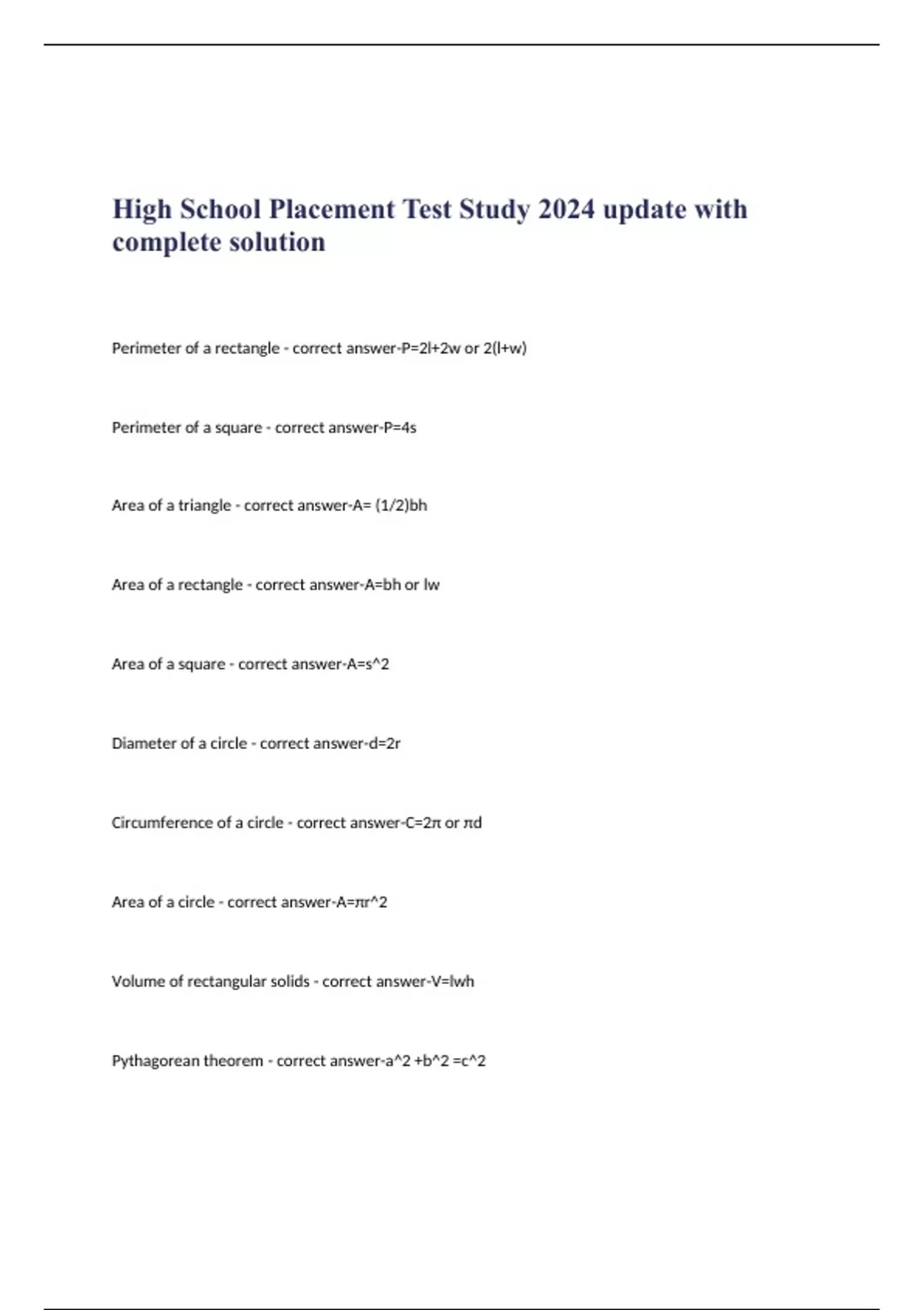 High School Placement Test Study 2024 update with complete solution ...