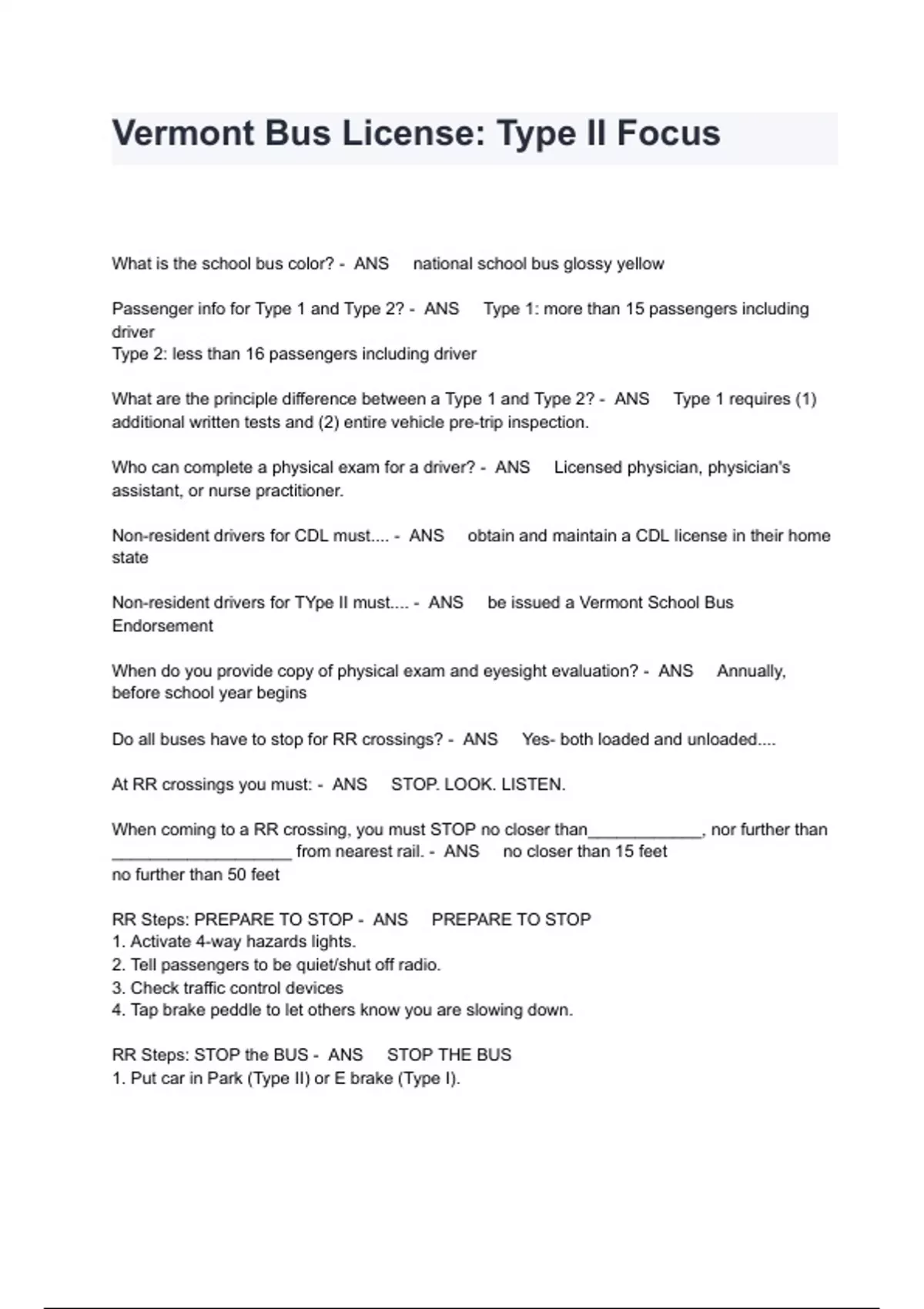 Vermont Bus License: Type II Focus Exam Questions And Answers - Vermont ...