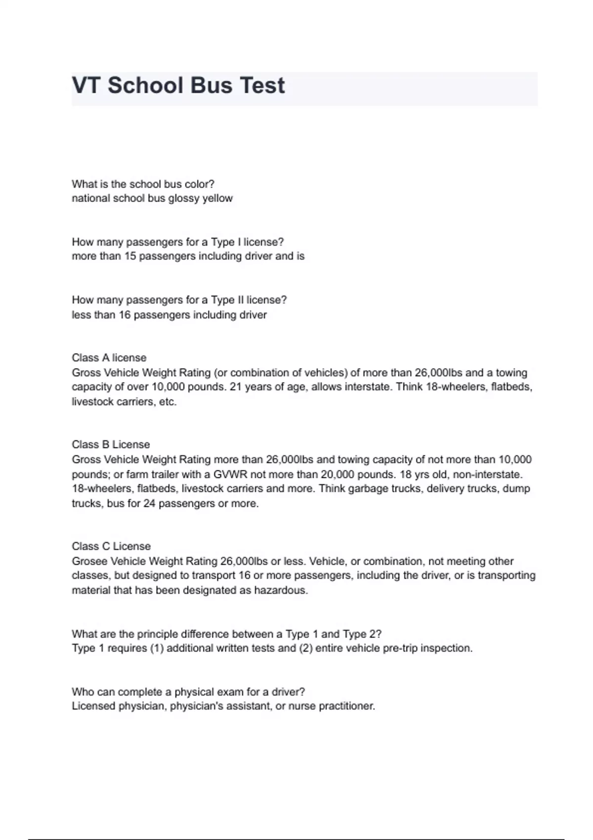 VT School Bus Test Questions And Answers - Vermont Type II School Bus ...