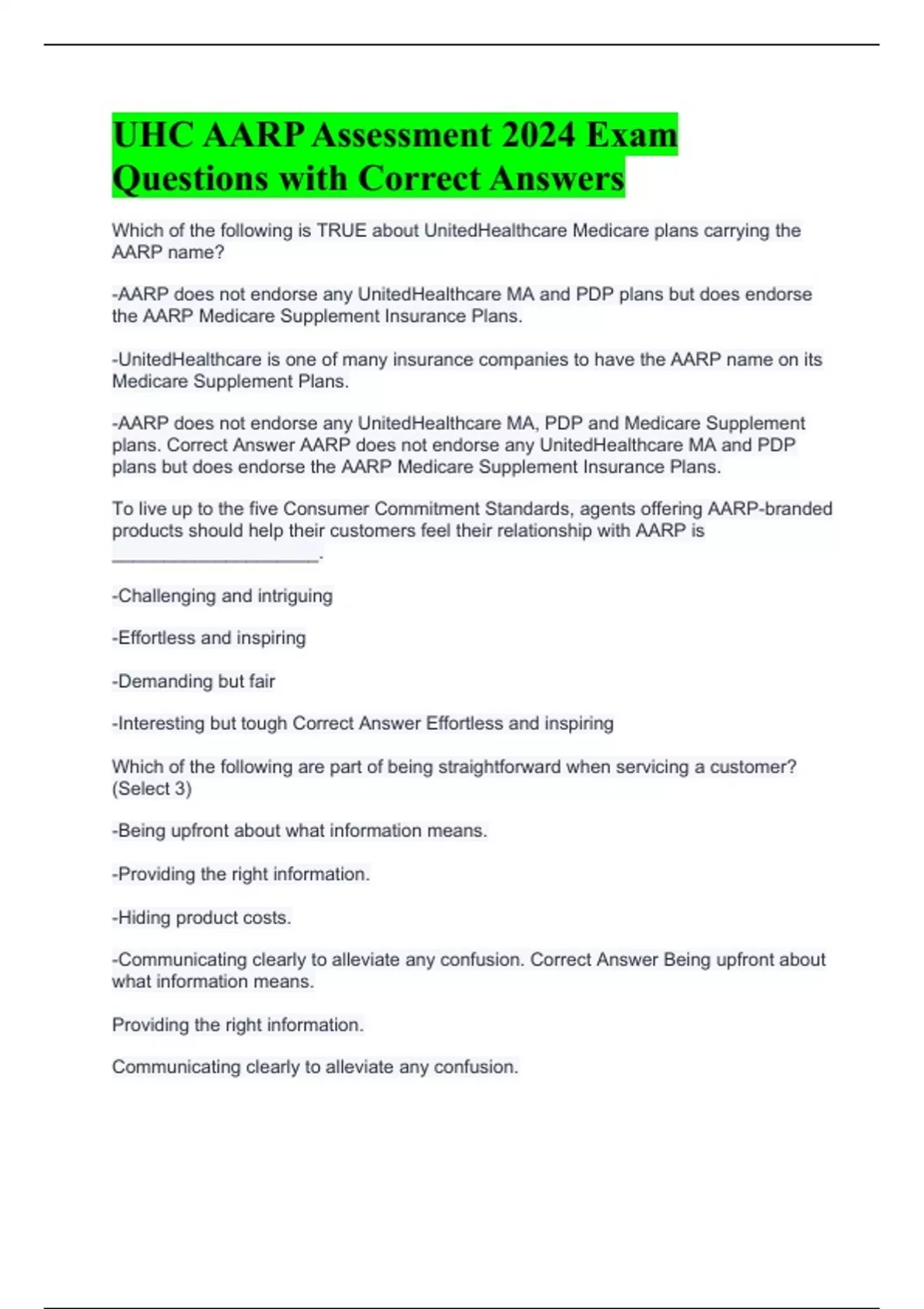 UHC AARP Assessment 2024 Exam Questions with Correct Answers - UHC Certification - Stuvia US