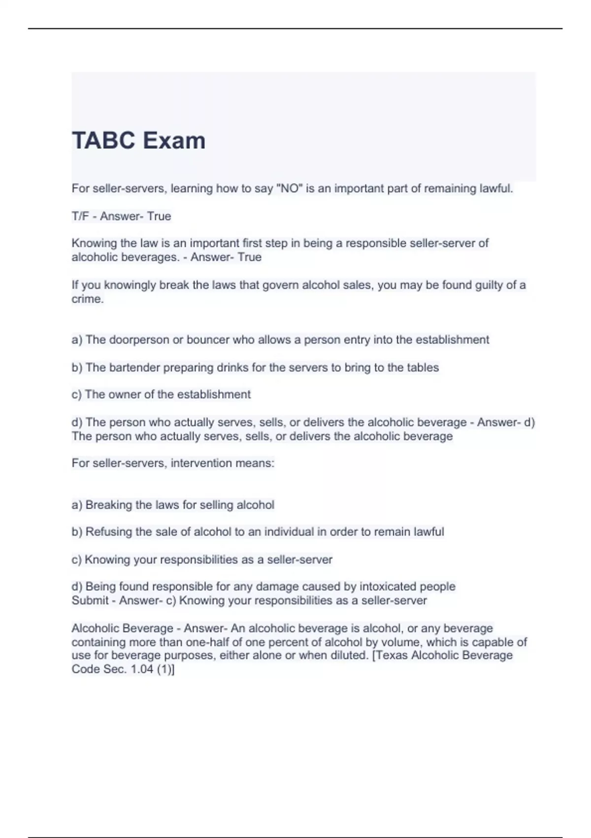 Tabc Exam With Correct Answers 100 Tabc Stuvia Us