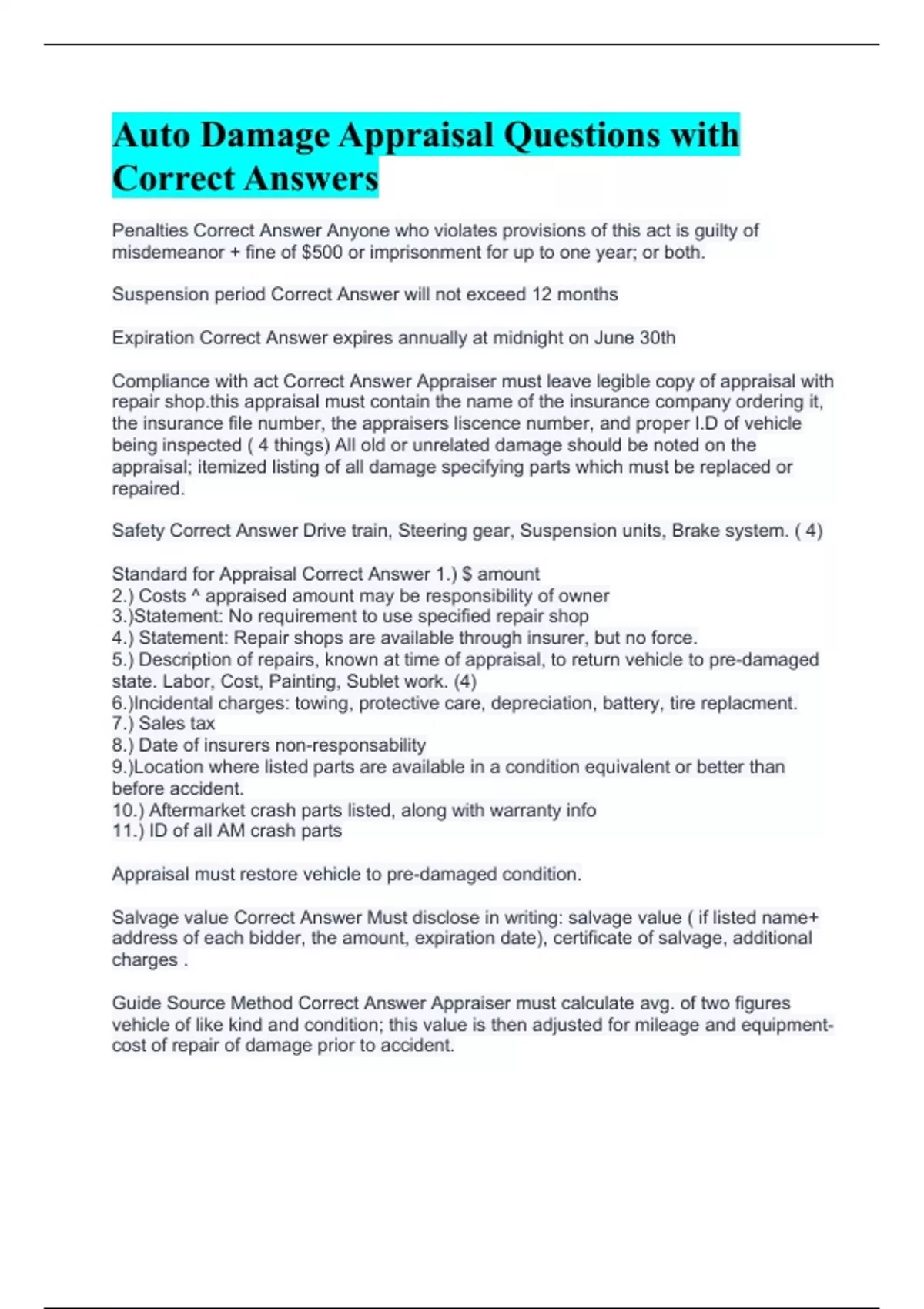 Auto Damage Appraisal Questions with Correct Answers - Auto Damage ...