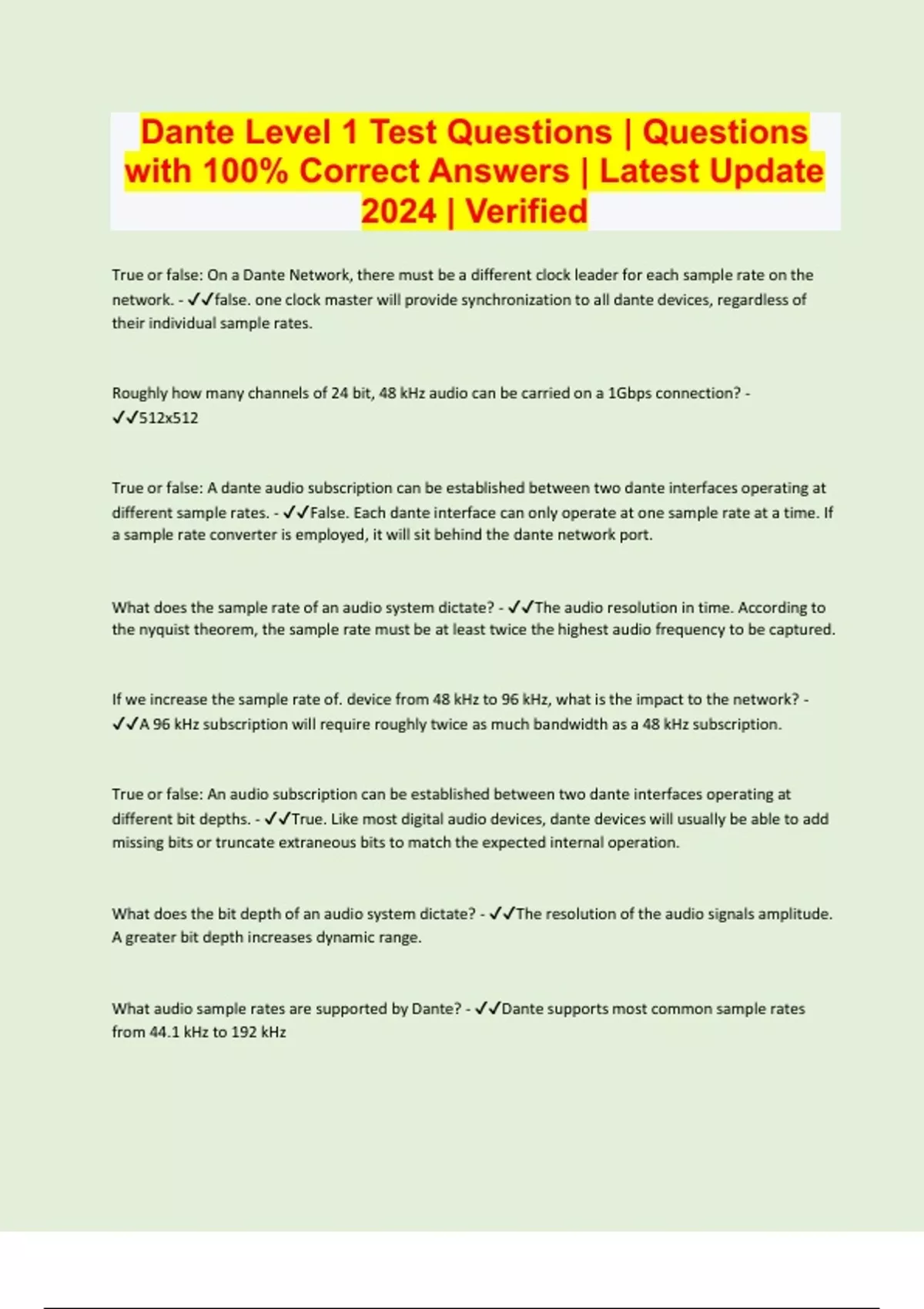 Dante Level 1 Test Questions | Questions with 100% Correct Answers ...