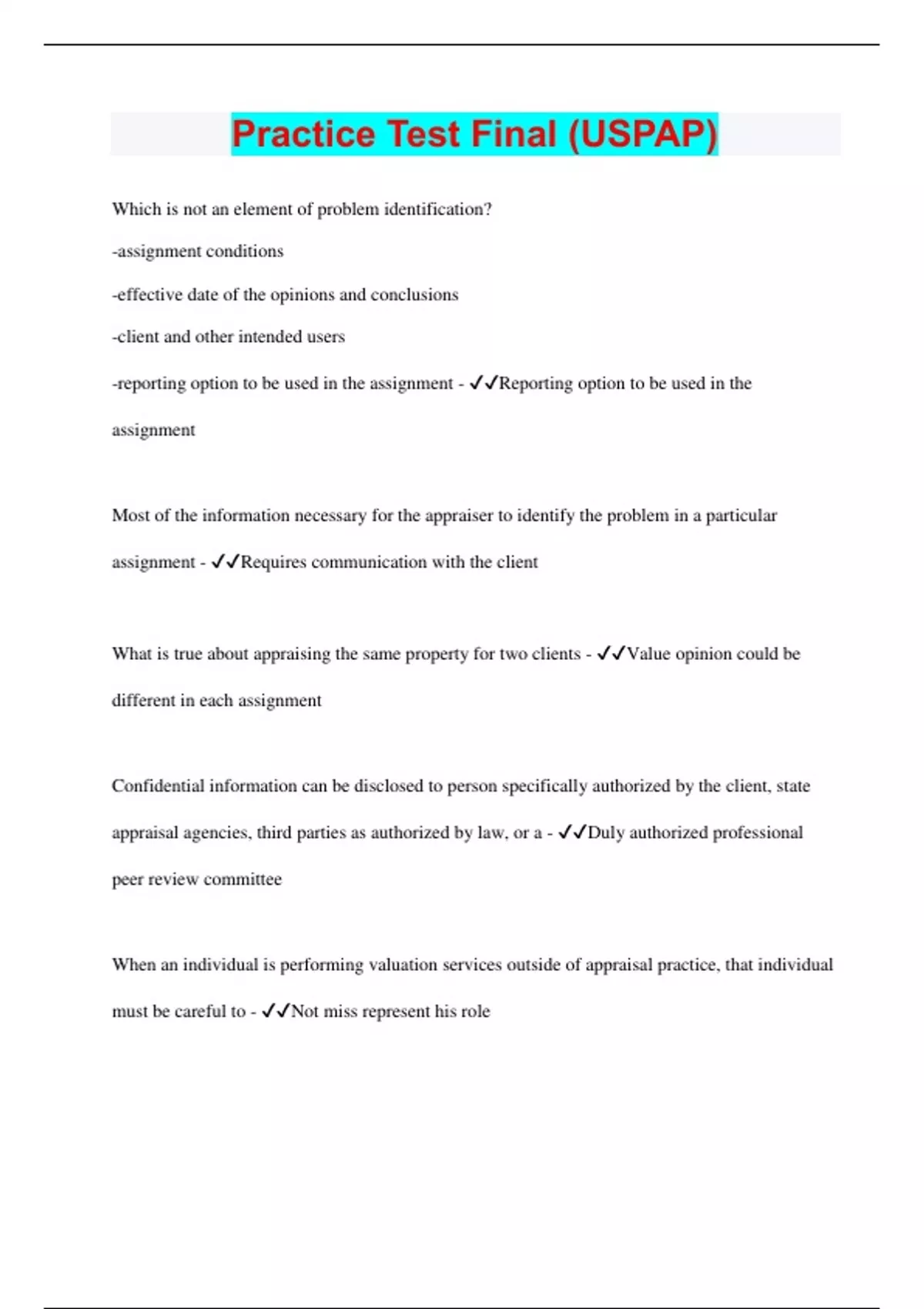 Practice Test Final (USPAP) | Questions with 100% Correct Answers ...