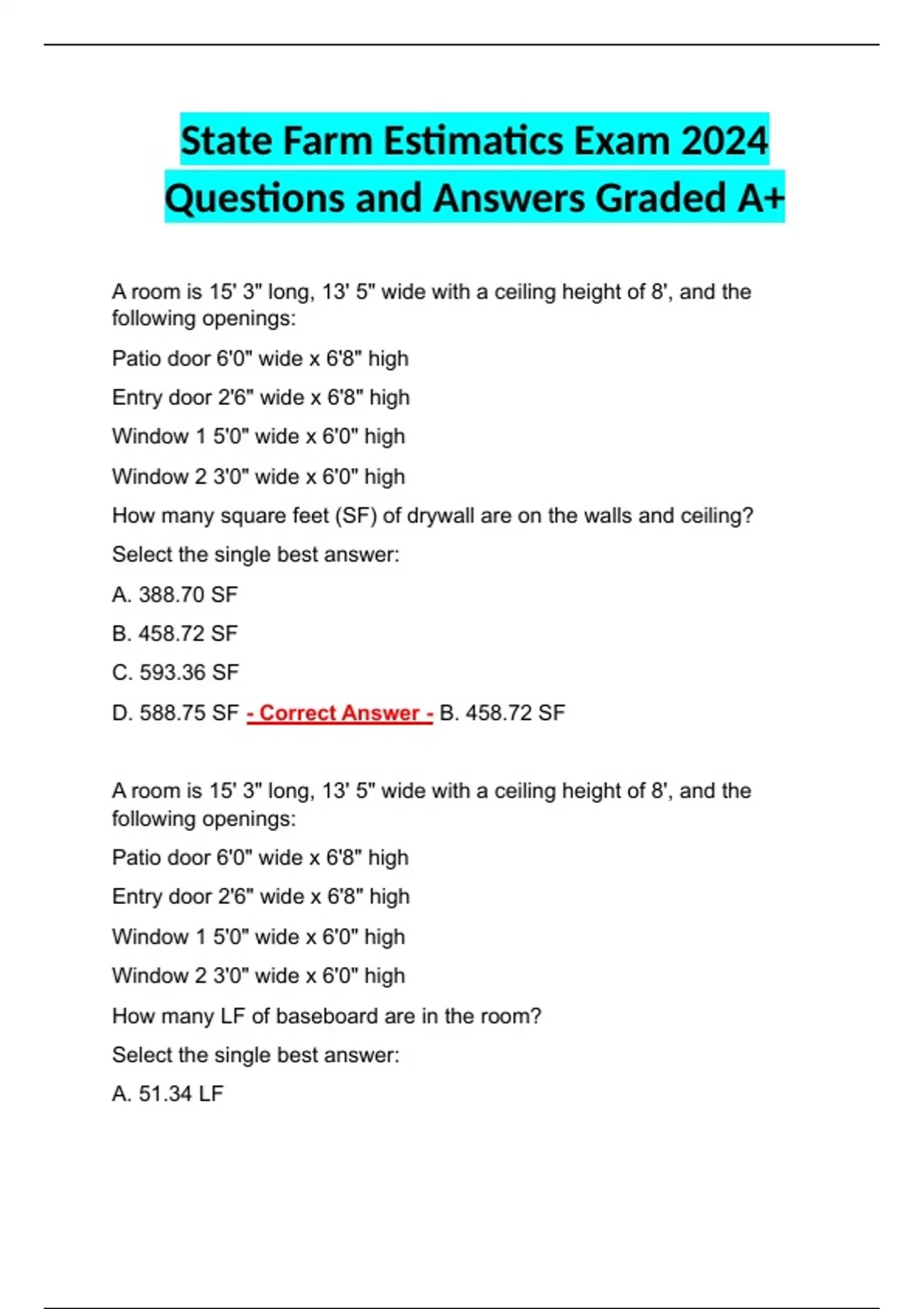 State Farm Estimatics Exam 2024 Questions and Answers Graded A+ - State ...
