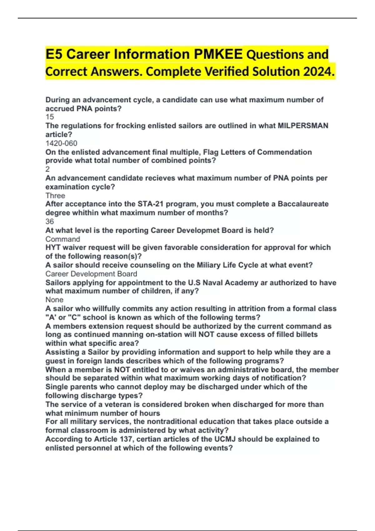 E5 Career Information PMKEE Questions and Correct Answers. Complete ...