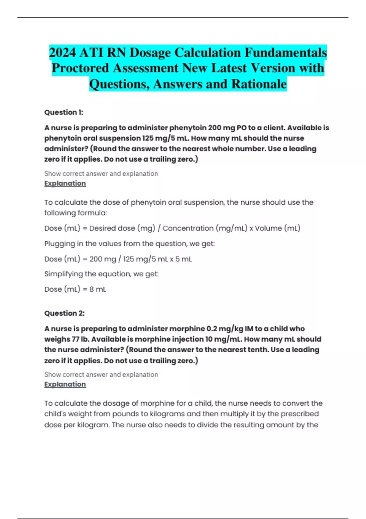 2024 ATI RN Dosage Calculation Fundamentals Proctored Assessment New ...