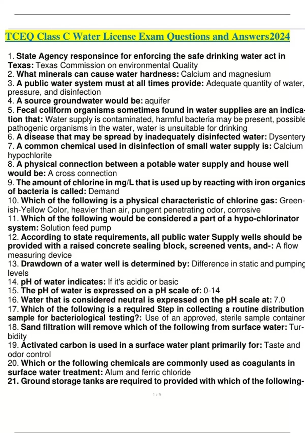 TCEQ Class C Water License Exam Questions and Answers 2024. - TCEQ - Stuvia US