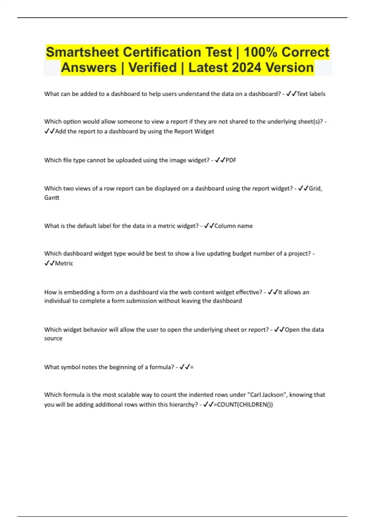 Smartsheet Certification Test | 100% Correct Answers | Verified ...