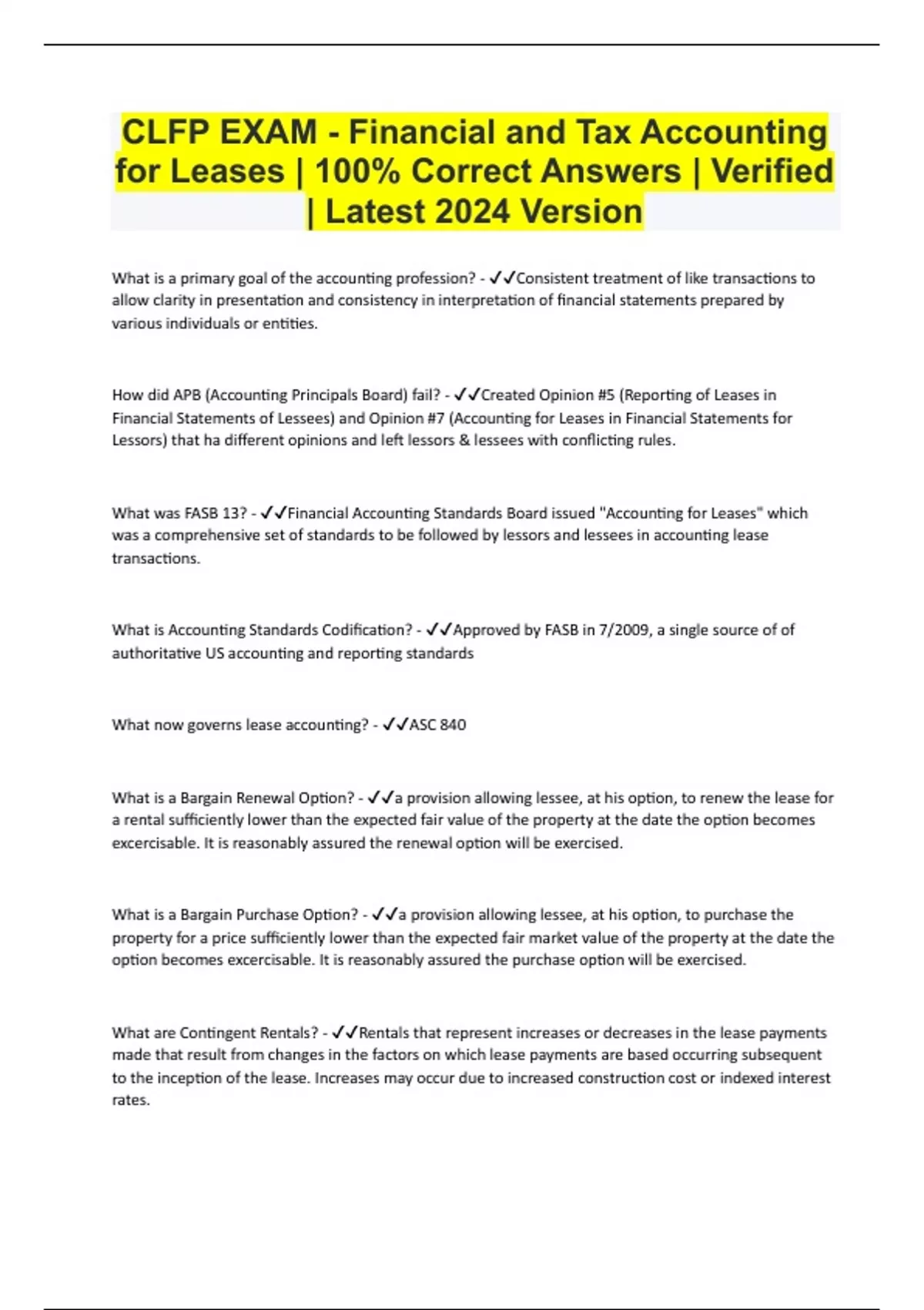 CLFP EXAM - Financial and Tax Accounting for Leases | 100% Correct ...