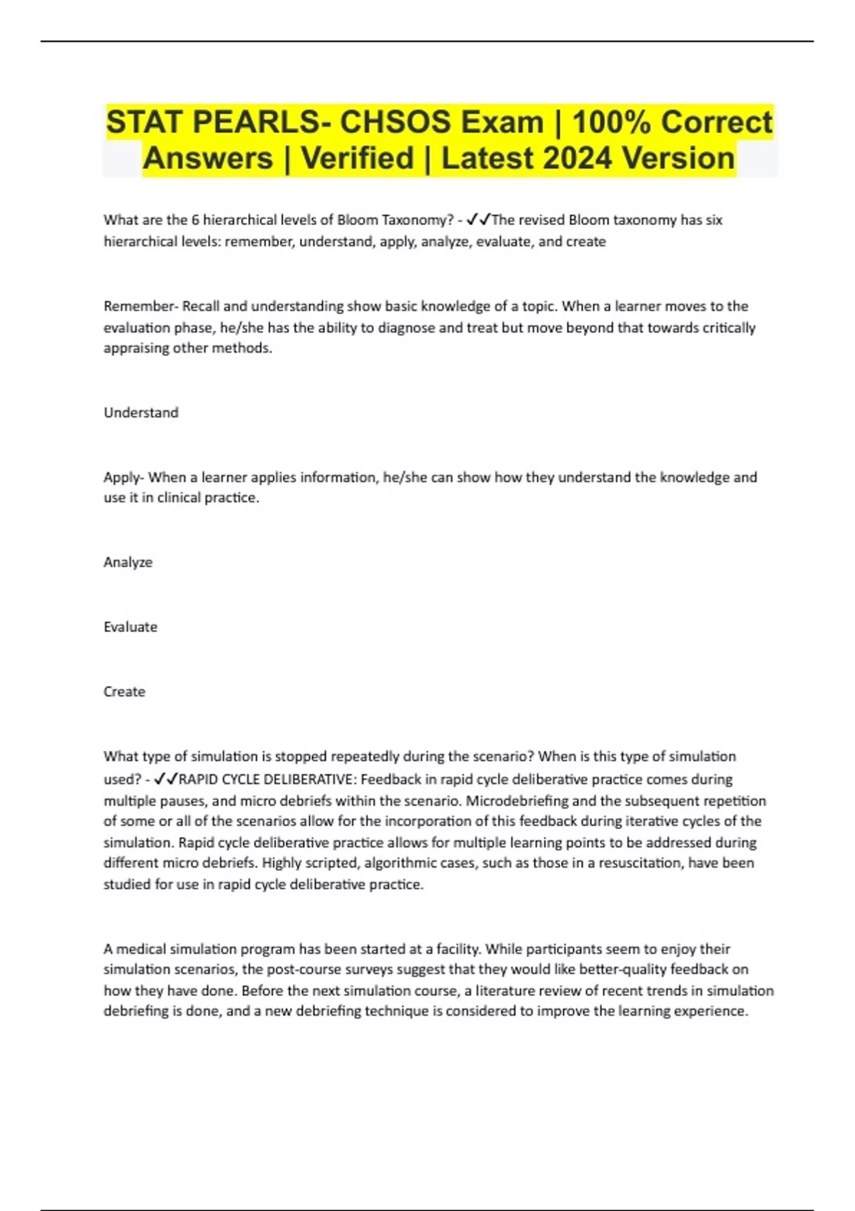 STAT PEARLS- CHSOS Exam | 100% Correct Answers | Verified | Latest 2024 ...