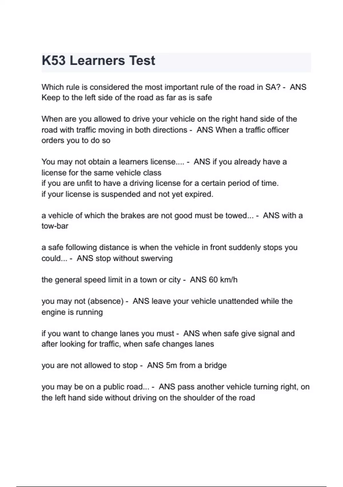 K53 Learners Test Questions With Correct Answers 2024 2025 A Graded 100 Verified Atssa