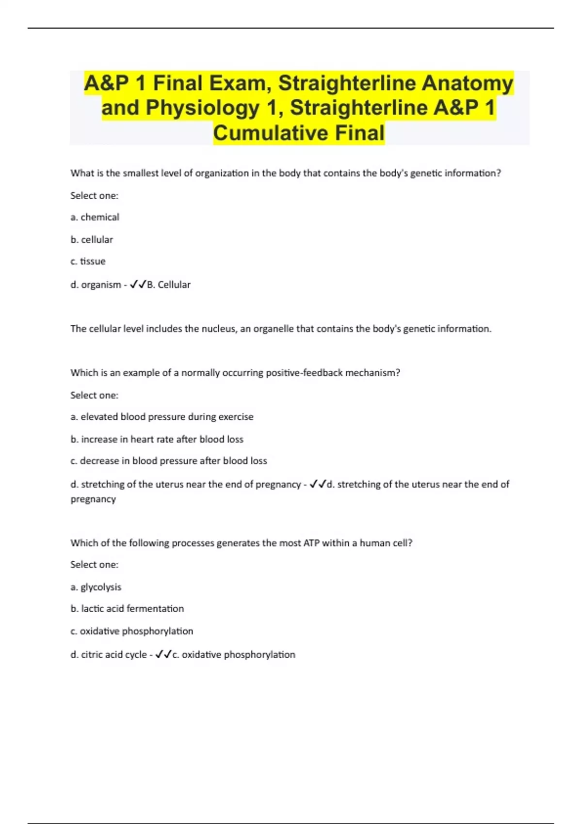 Straighterline Anatomy & Physiology 1 Final Bundled Exams with Complete ...