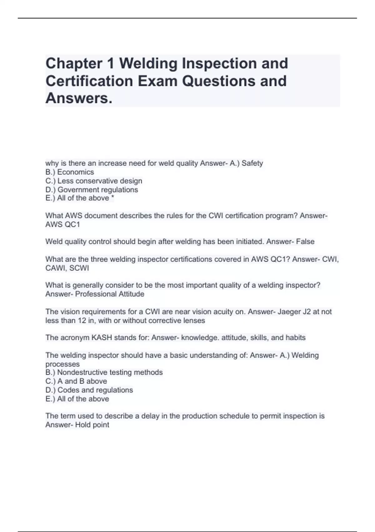 Chapter 1 Welding Inspection and Certification Exam Questions and ...