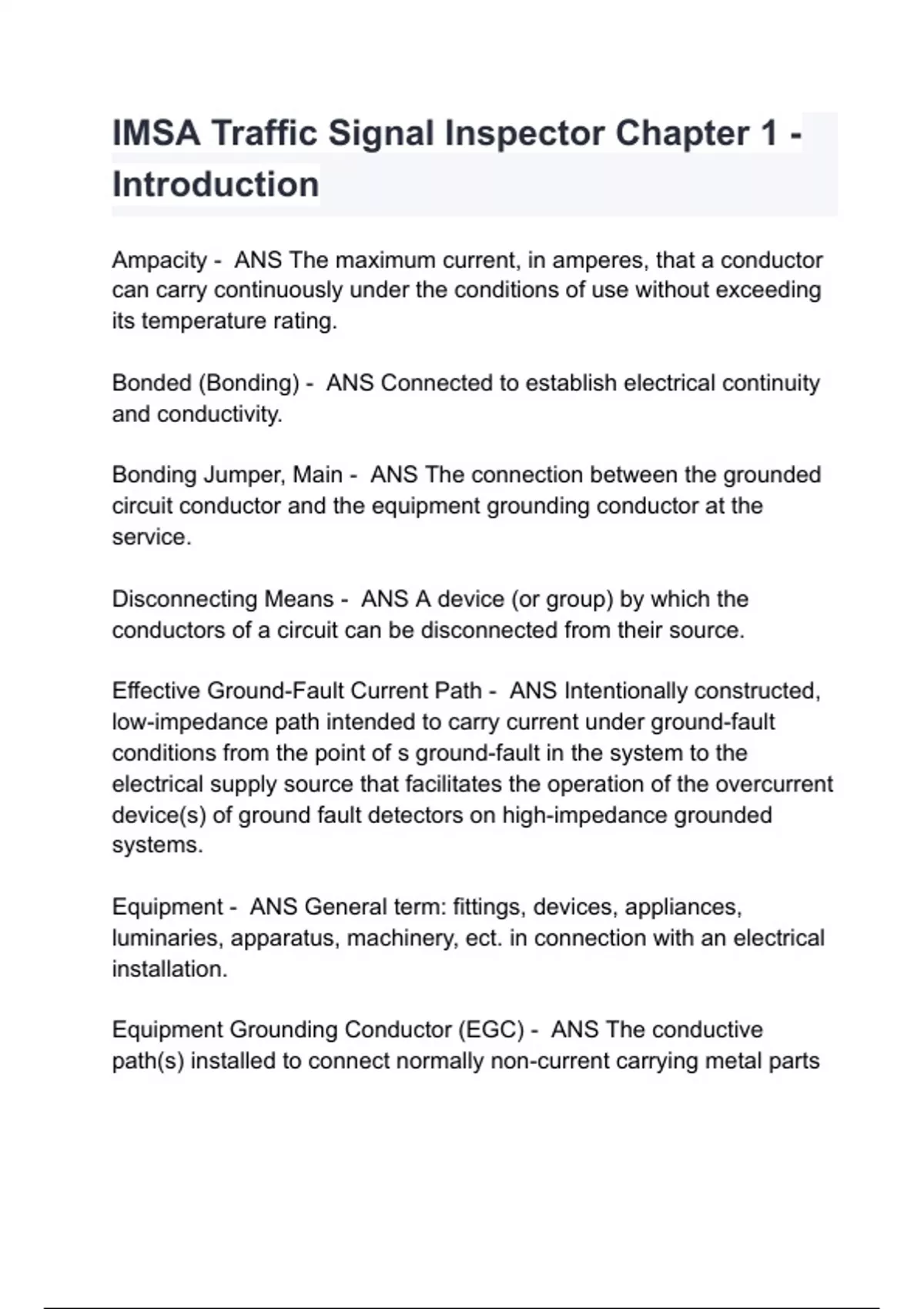 IMSA Traffic Signal Inspector Chapter 1 - Introduction Exam Questions ...