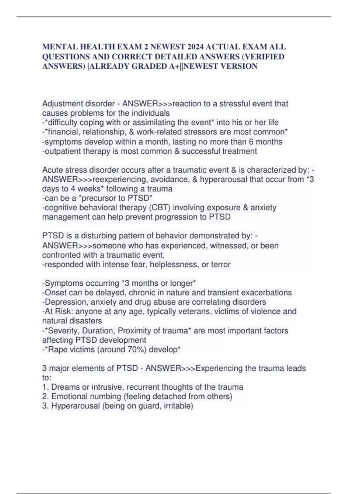 MENTAL HEALTH EXAM 2 NEWEST 2024 ACTUAL EXAM ALL QUESTIONS AND CORRECT ...