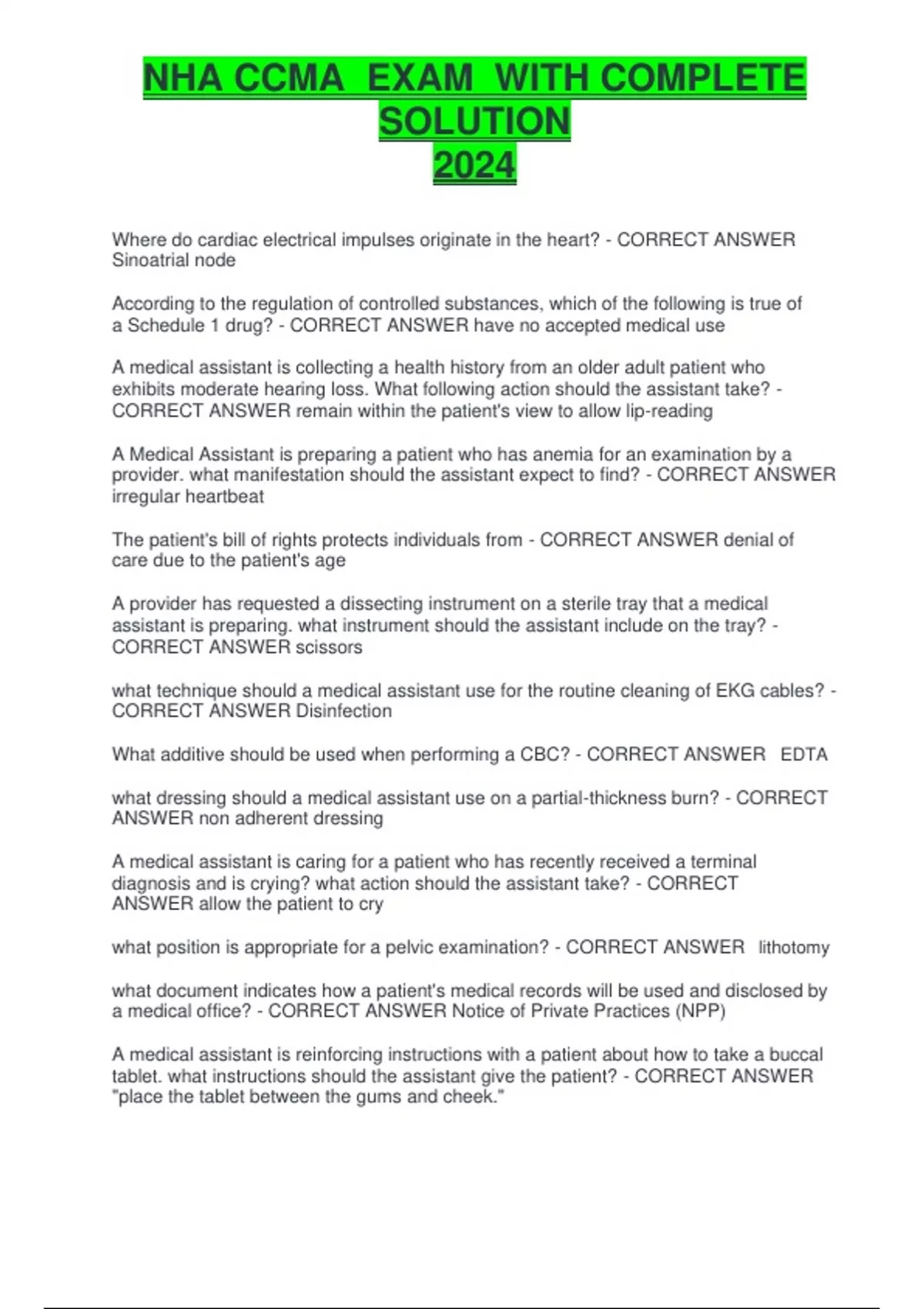 NHA CCMA EXAM WITH COMPLETE SOLUTION 2024 - NHA CBCS - Stuvia US